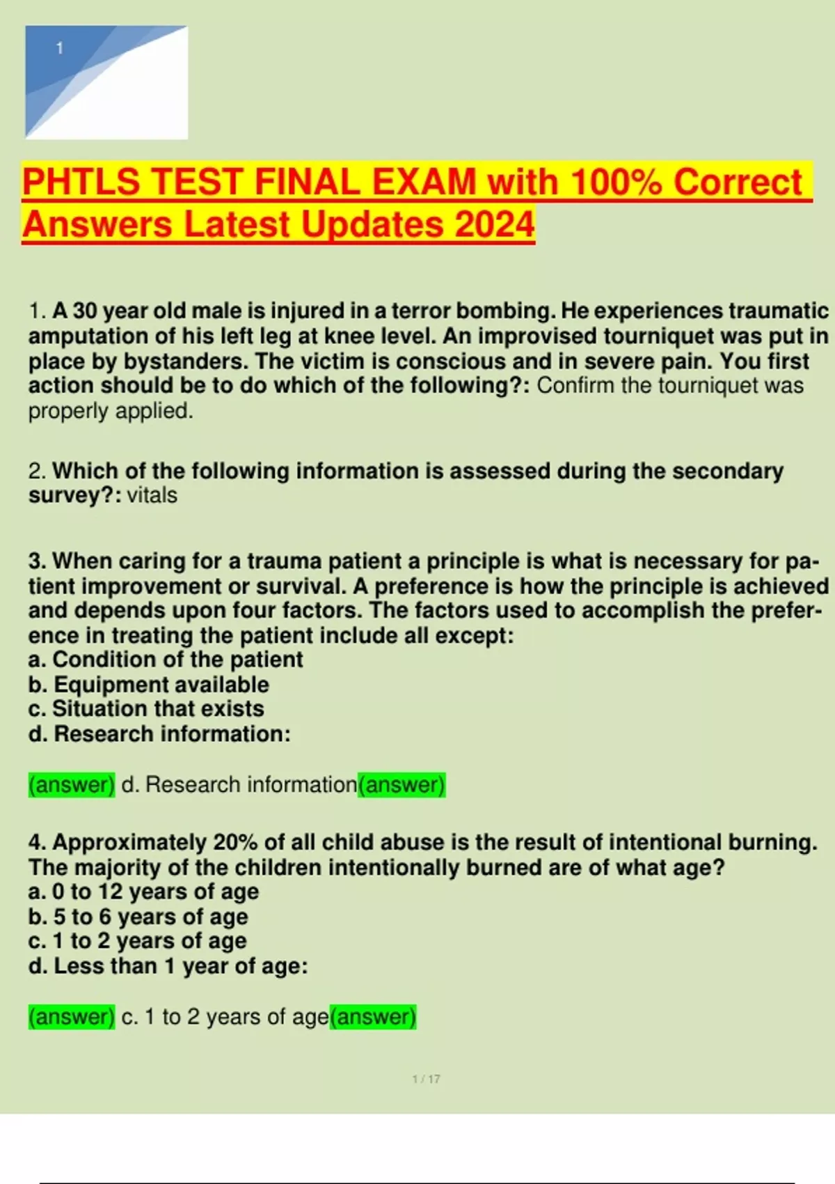 Phtls Test Final Exam With 100 Correct Answers Latest Updates 2024