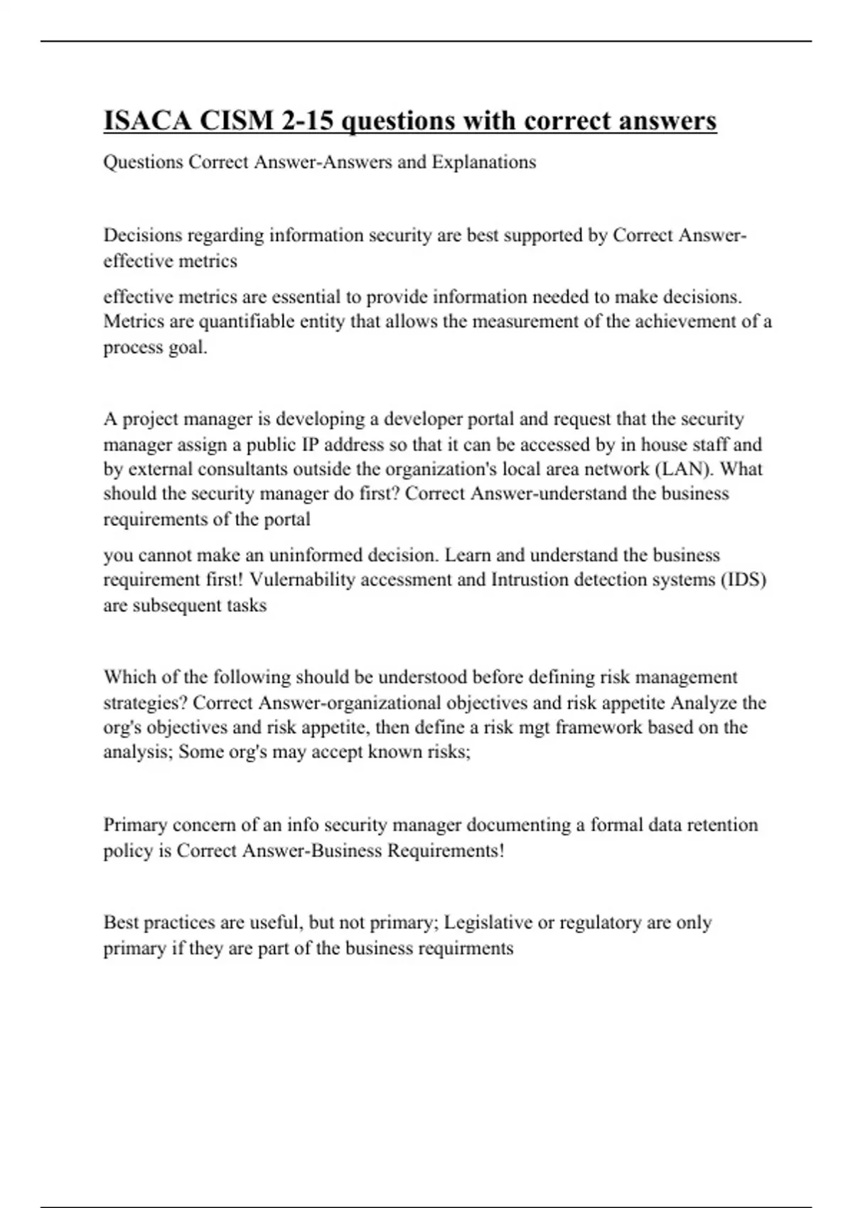 ISACA CISM 2-15 questions with correct answers - CISM - Certified ...