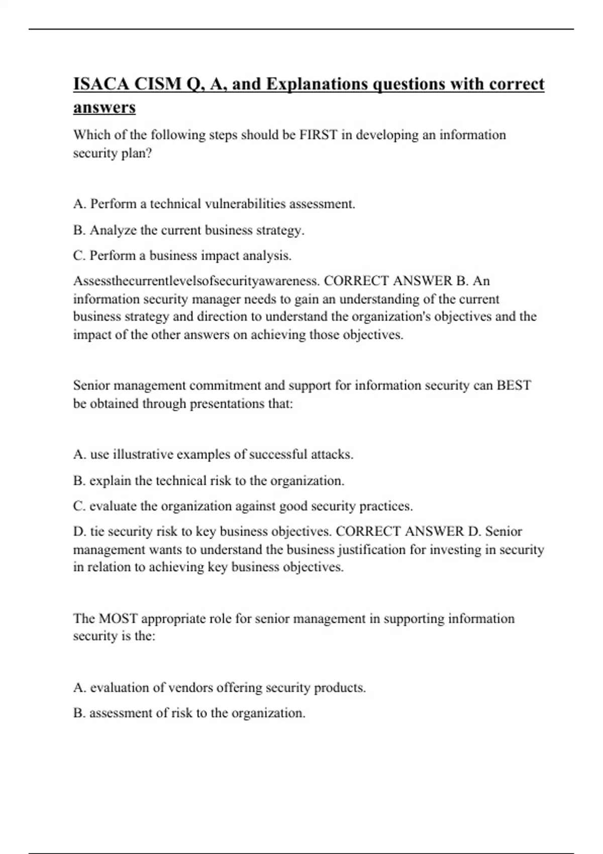 ISACA CISM Q, A, and Explanations questions with correct answers - CISM ...