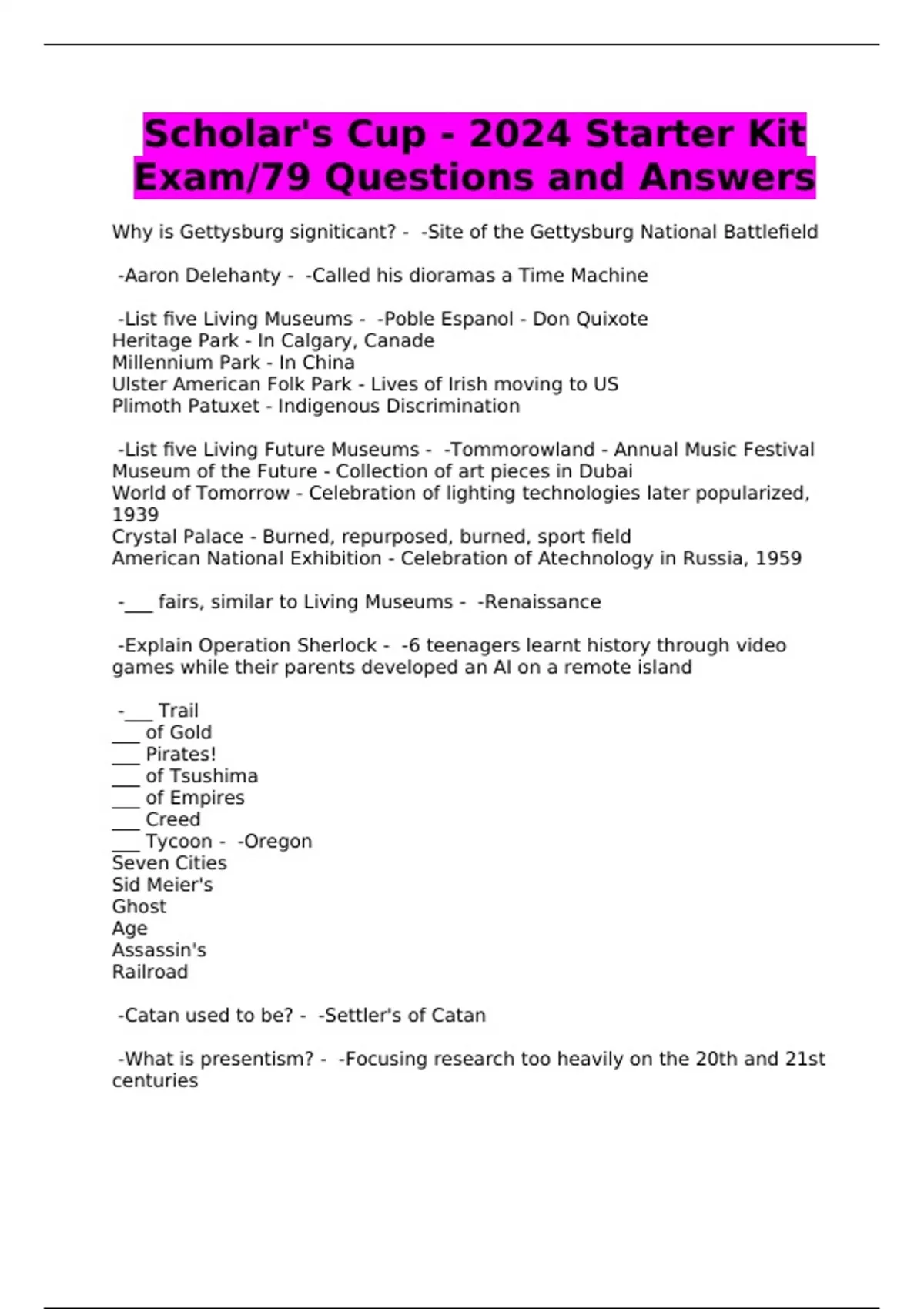 Scholar's Cup - 2024 Starter Kit Exam/79 Questions and Answers ...