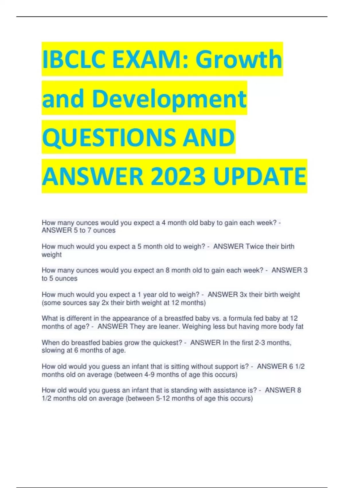 IBCLC EXAM: Growth and Development QUESTIONS AND ANSWER 2023 UPDATE ...