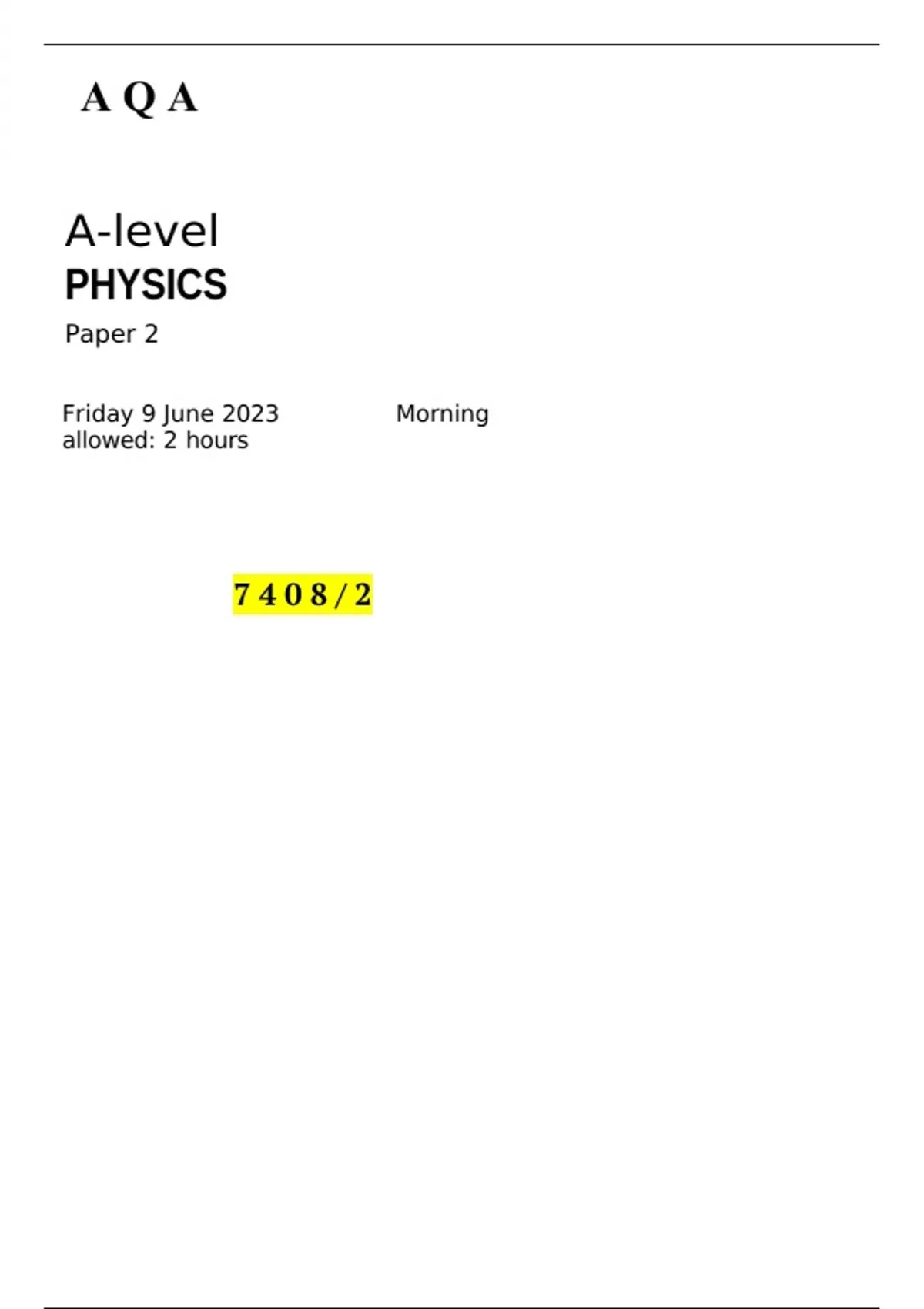AQA A LEVEL Physics paper 2 Question paper June 2023 - Aqa physics ...