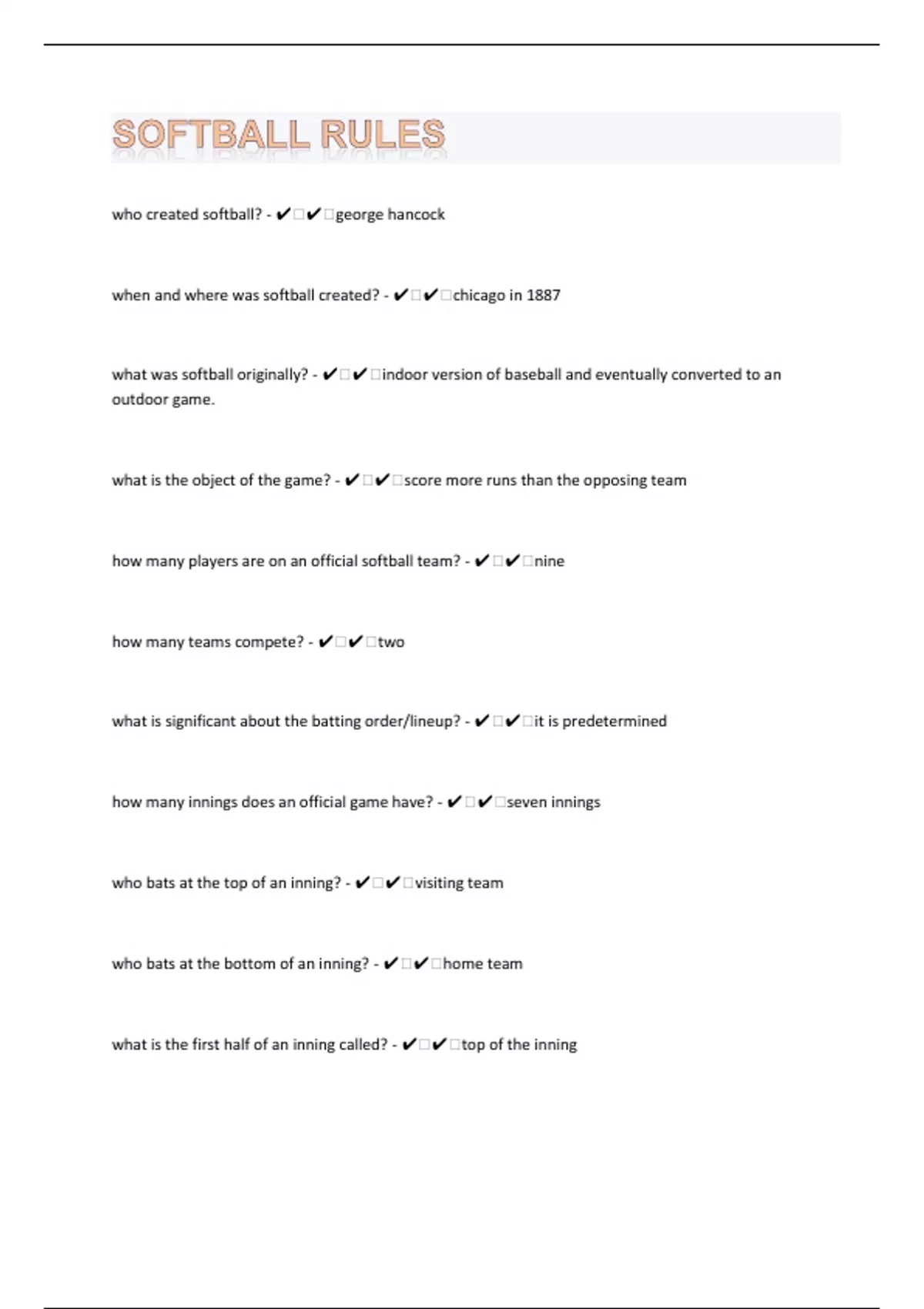 Softball Rules 54 Questions with 100% Correct Answers | Verified ...