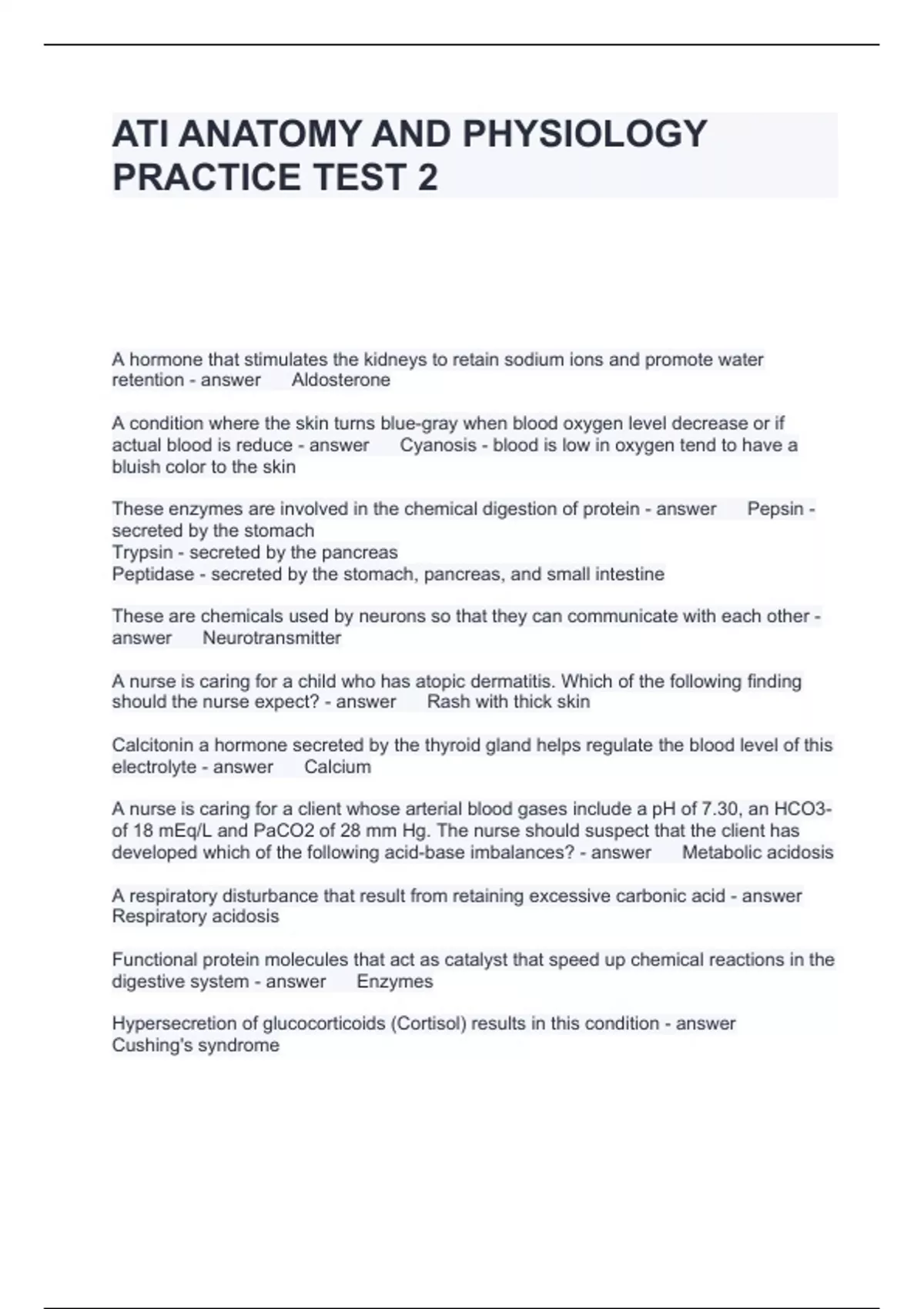 ATI ANATOMY AND PHYSIOLOGY PRACTICE TEST 2 QUESTIONS WITH CORRECT ...