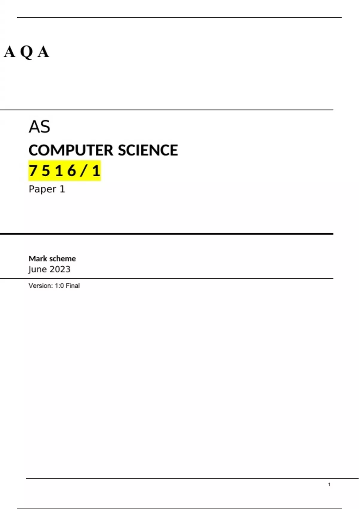 AQA AS level COMPUTER SCIENCE paper 1 mark-scheme June 2023 - Aqa Computer science - Stuvia US