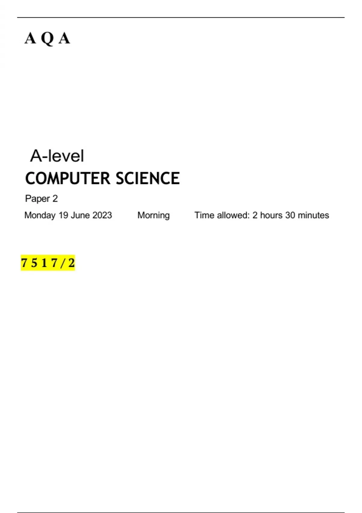 AQA A level COMPUTER SCIENCE paper 2 question paper June 2023 - Aqa Computer science - Stuvia US