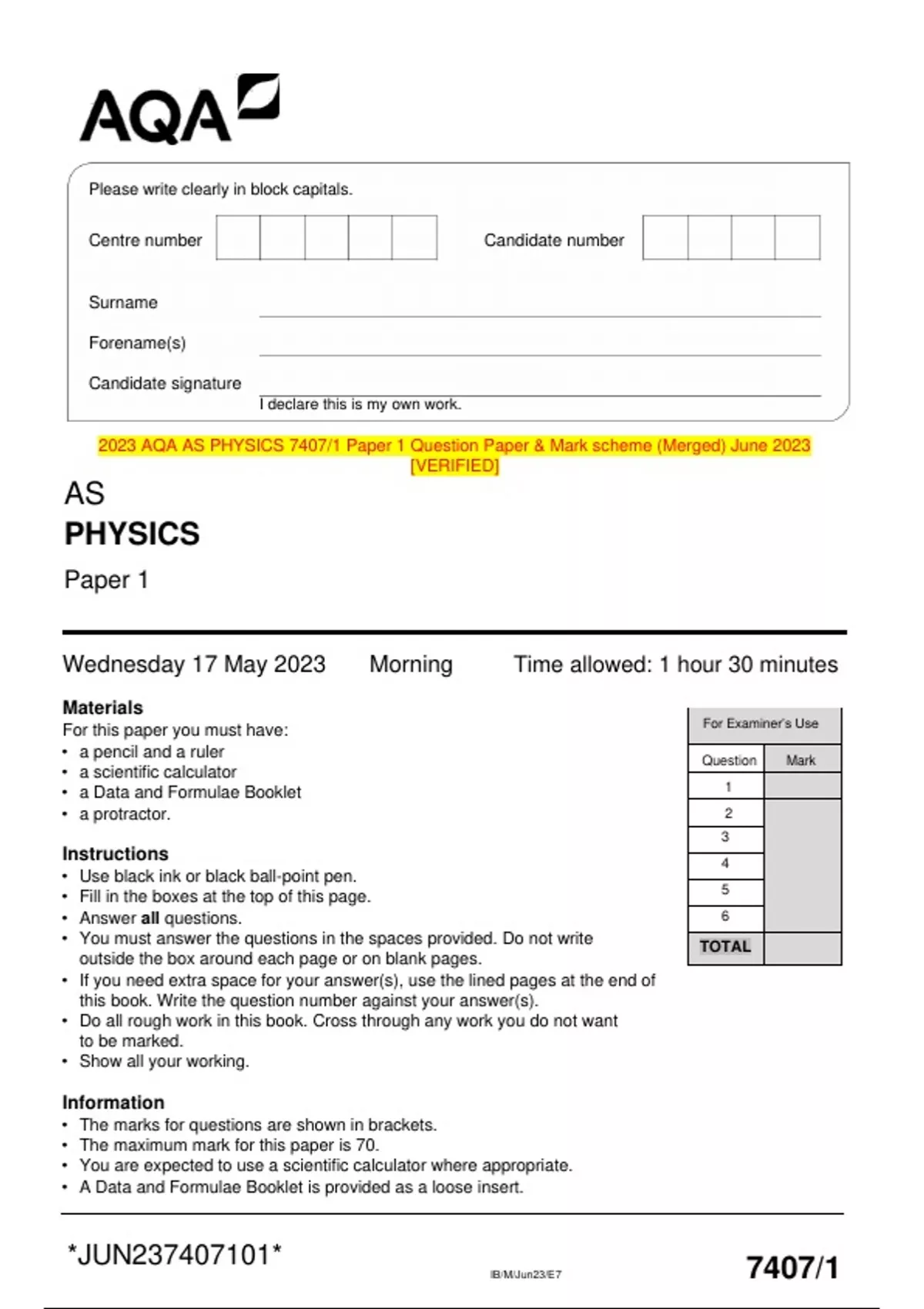 2023 AQA AS PHYSICS 7407/1 Paper 1 Question Paper & Mark scheme (Merged ...