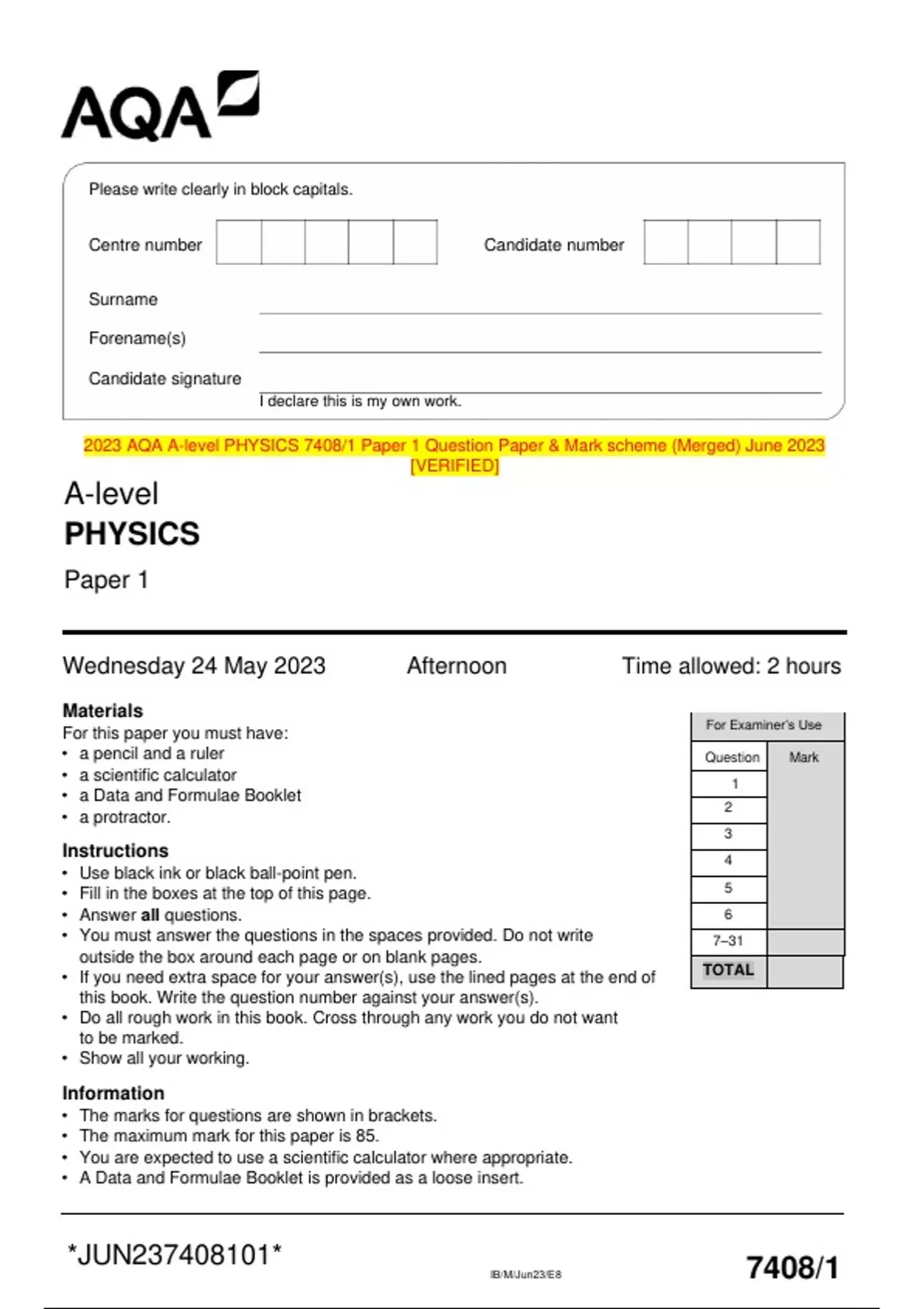 2023 AQA A-level PHYSICS 7408/1 Paper 1 Question Paper & Mark scheme (Merged) June 2023 ...