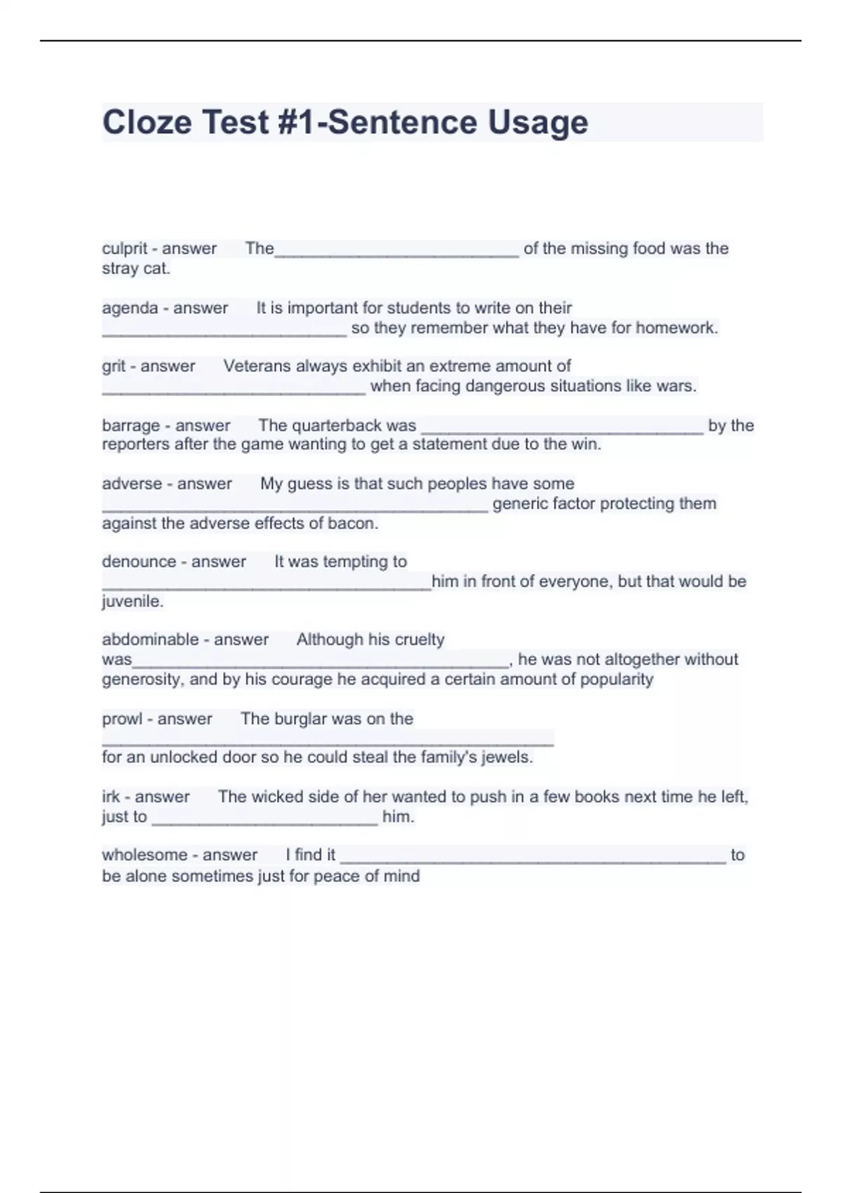 Cloze Test #1-Sentence Usage Questions and Answers Fully solved 2024 ...