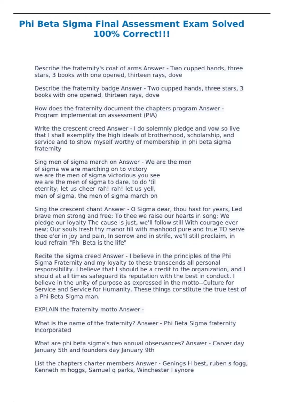 Phi Beta Sigma Final Assessment Exam Solved 100% Correct!!! - Phi Beta Sigma - Stuvia US