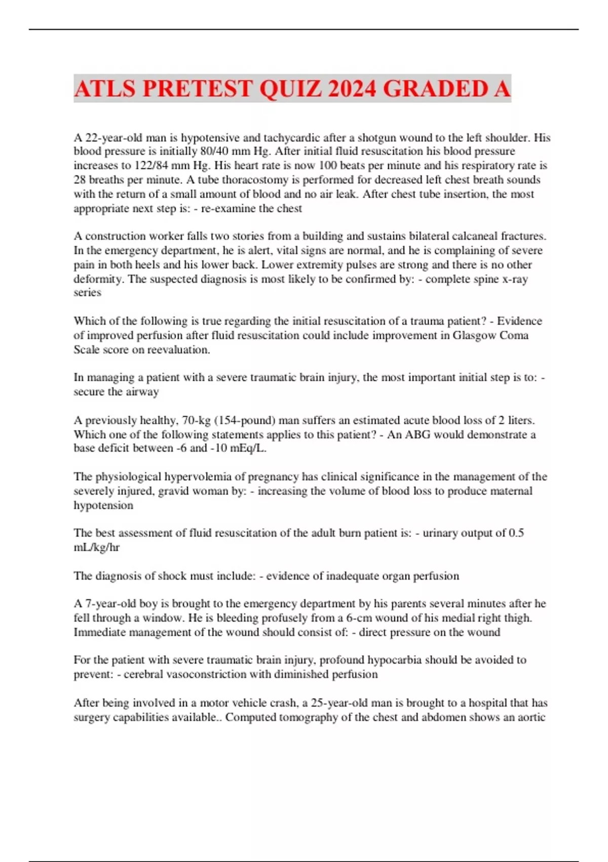 ATLS PRETEST QUIZ 2024 GRADED A - Advanced Life Support ATLS - Stuvia US