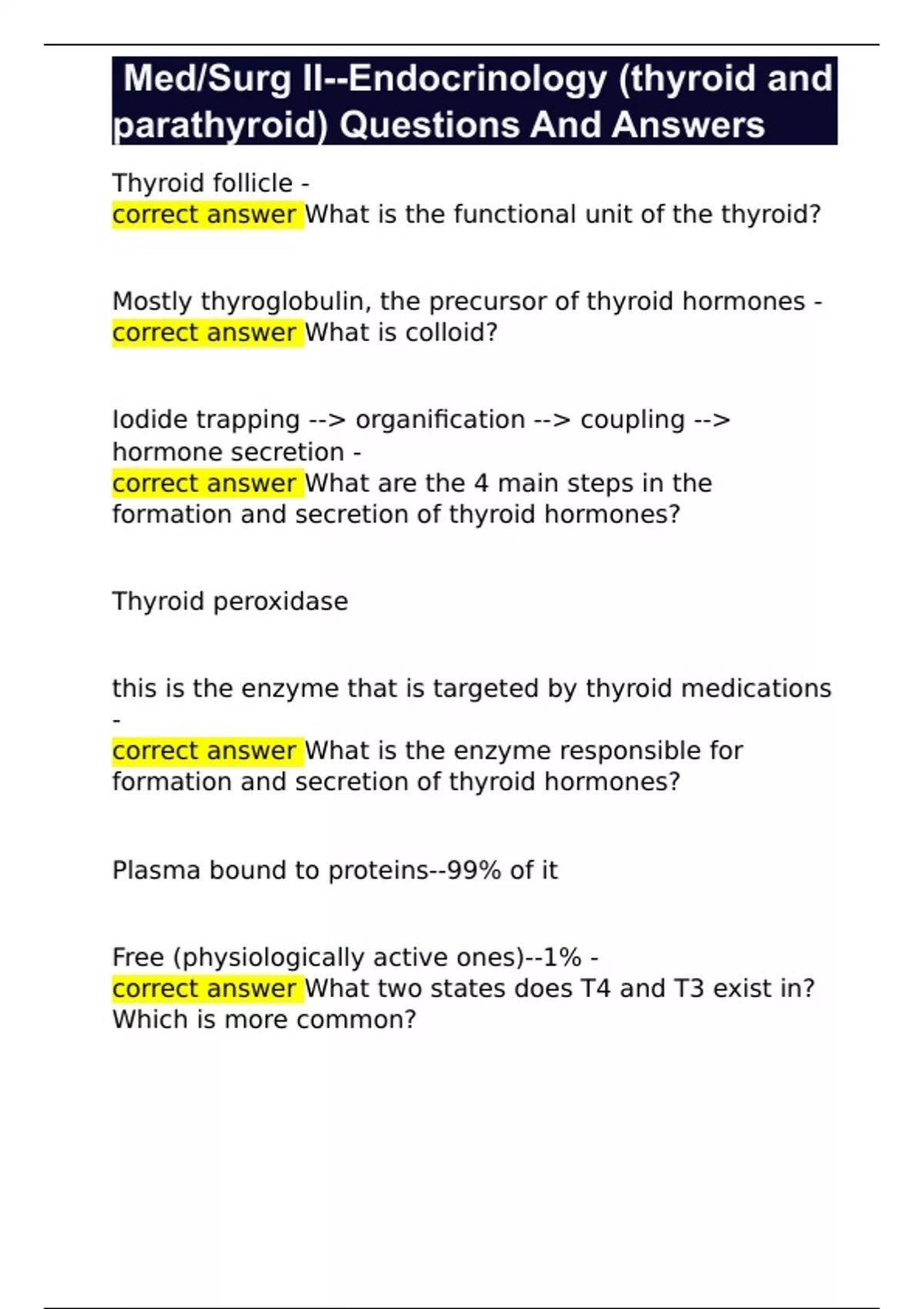 Med/Surg II--Endocrinology (thyroid and parathyroid) Questions And ...