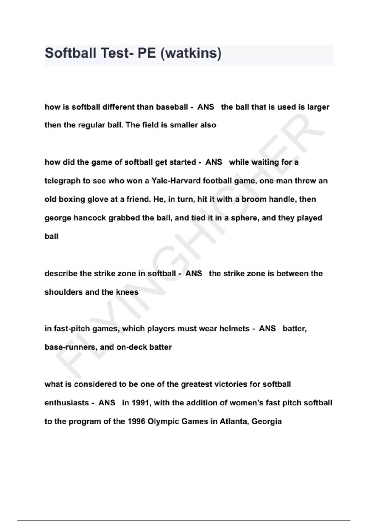 Softball Test- PE (watkins) QUESTIONS & ANSWERS 2024 (A+ GRADED 100% ...