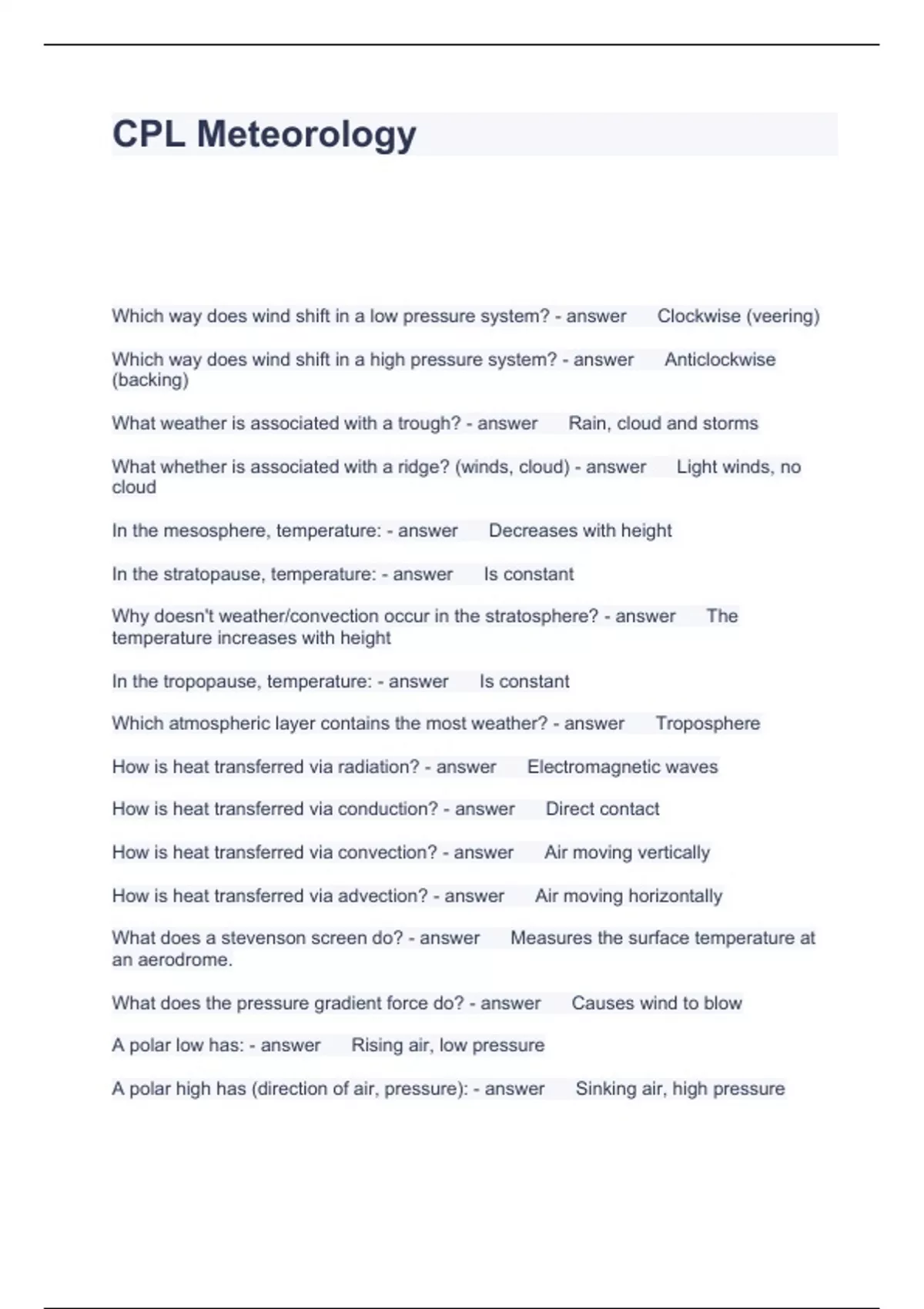 CPL Meteorology Questions with correct Answers 2024 - CPL - Stuvia US