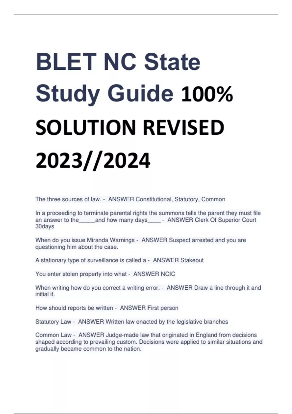 UPDATED BLET NC State Study Guide 100% SOLUTION REVISED 2023//2024 ...
