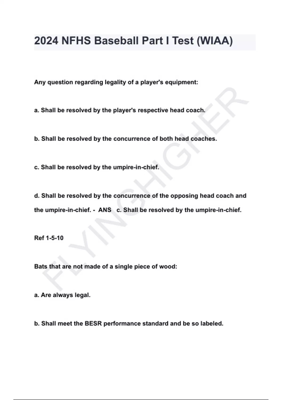 2024 NFHS Baseball Part I Test (WIAA) QUESTIOS & ANSWERS 2024 ( A+ ...