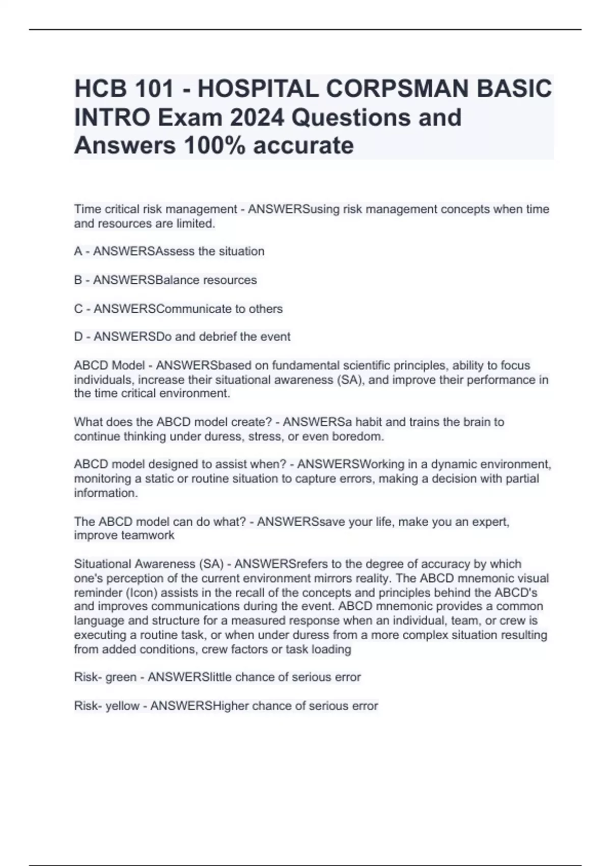 HCB 101 - HOSPITAL CORPSMAN BASIC INTRO Exam 2024 Questions and Answers ...