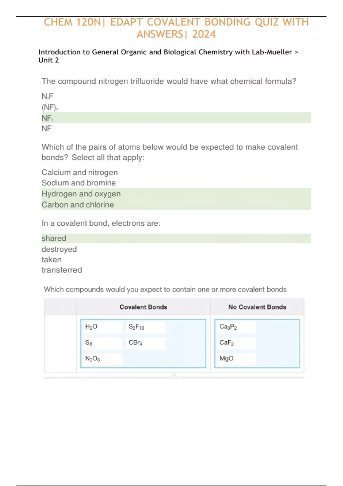 CHEM 120N| EDAPT COVALENT BONDING QUIZ WITH ANSWERS| 2024 - CHEM 120N ...