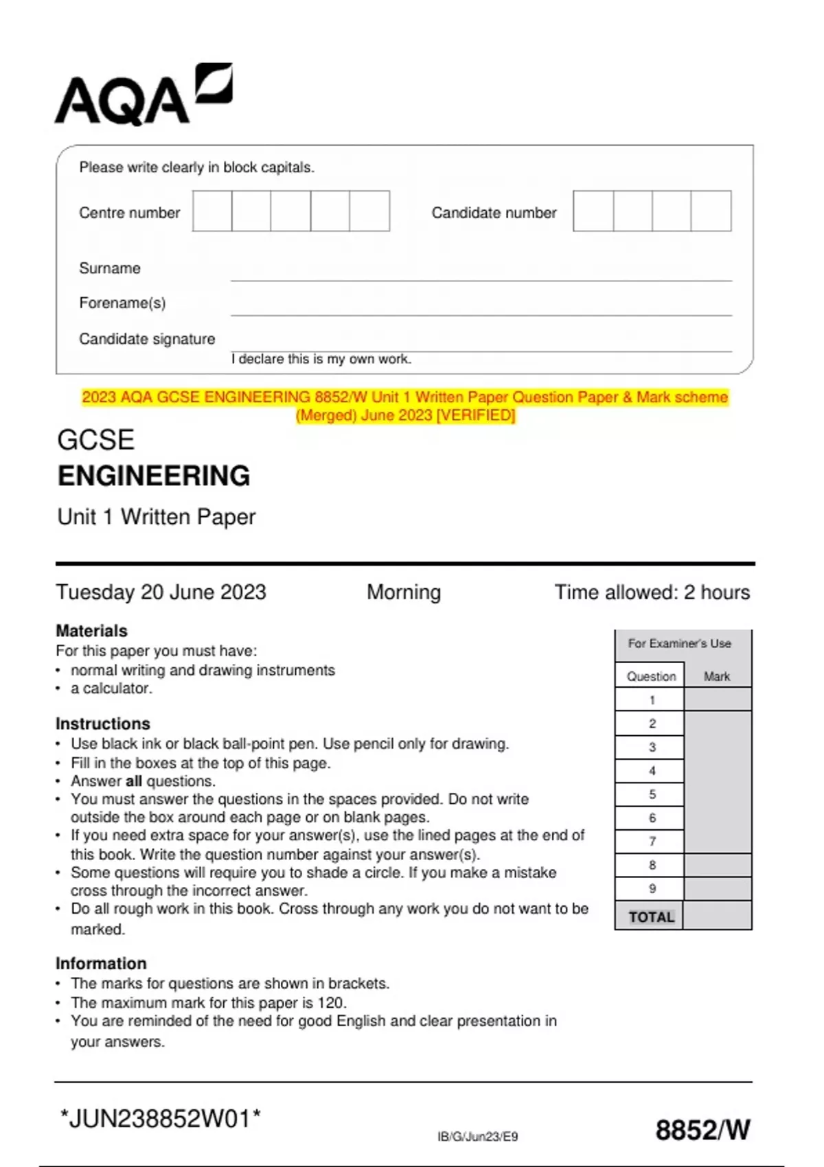 2023 AQA GCSE ENGINEERING 8852/W Unit 1 Written Paper Question Paper & Mark scheme (Merged) June ...