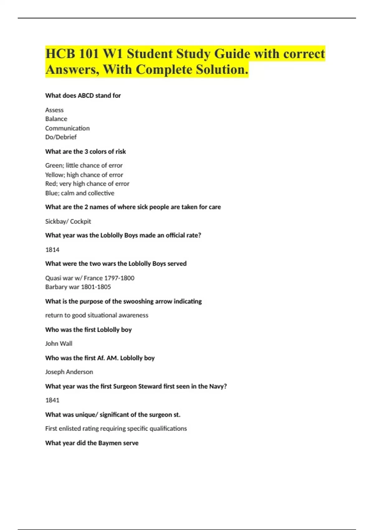 HCB 101 W1 Student Study Guide with correct Answers, With Complete ...