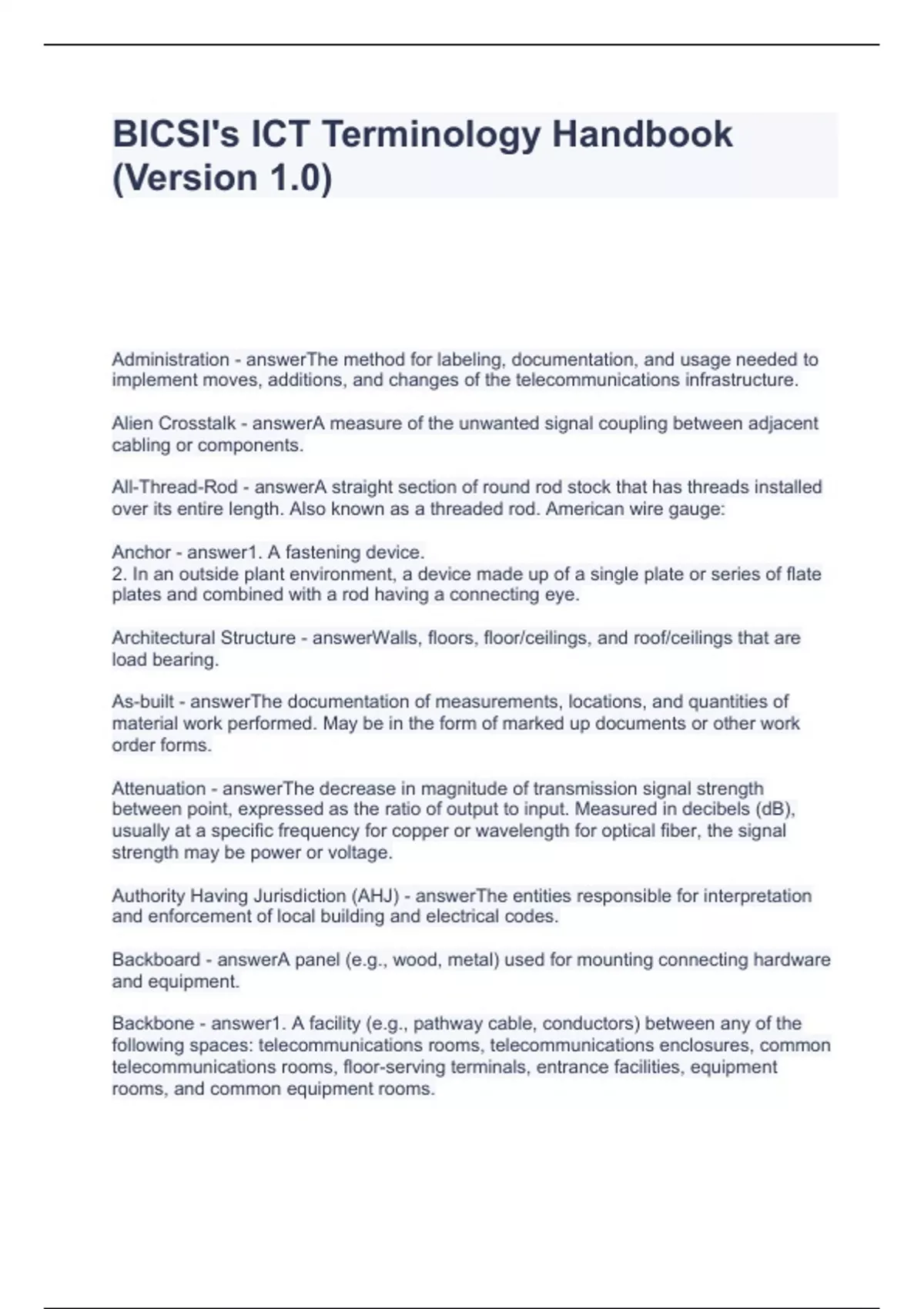 BICSI's ICT Terminology Handbook (Version 1.0) Questions with correct ...