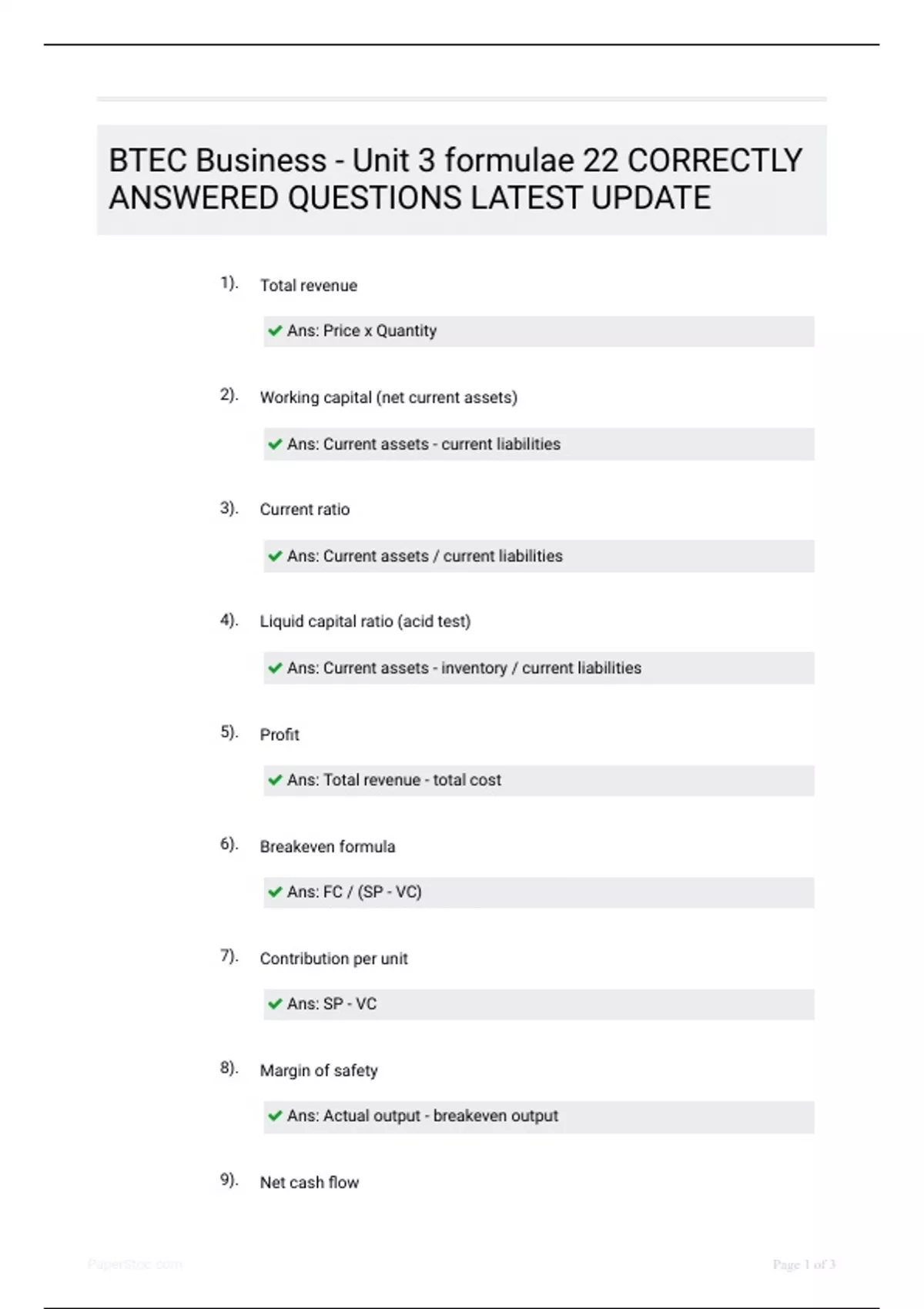 BTEC Business Unit 3 formulae 22 CORRECTLY ANSWERED QUESTIONS LATEST ...