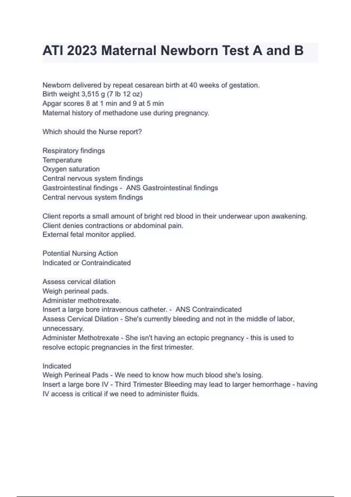 ATI 2023 Maternal Newborn Test A and B Questions And Answers 2024 - ATI ...