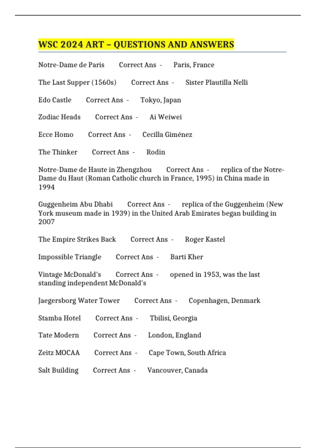 WSC 2024 ART – QUESTIONS AND ANSWERS - WSC - Stuvia US