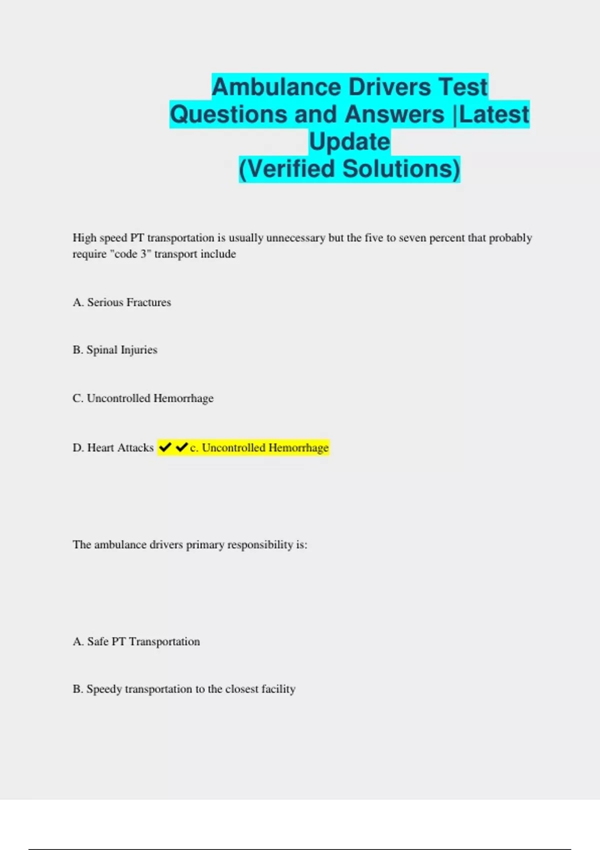 Ambulance Driver Test CA Questions and Answers 100% Pass - Ambulance ...