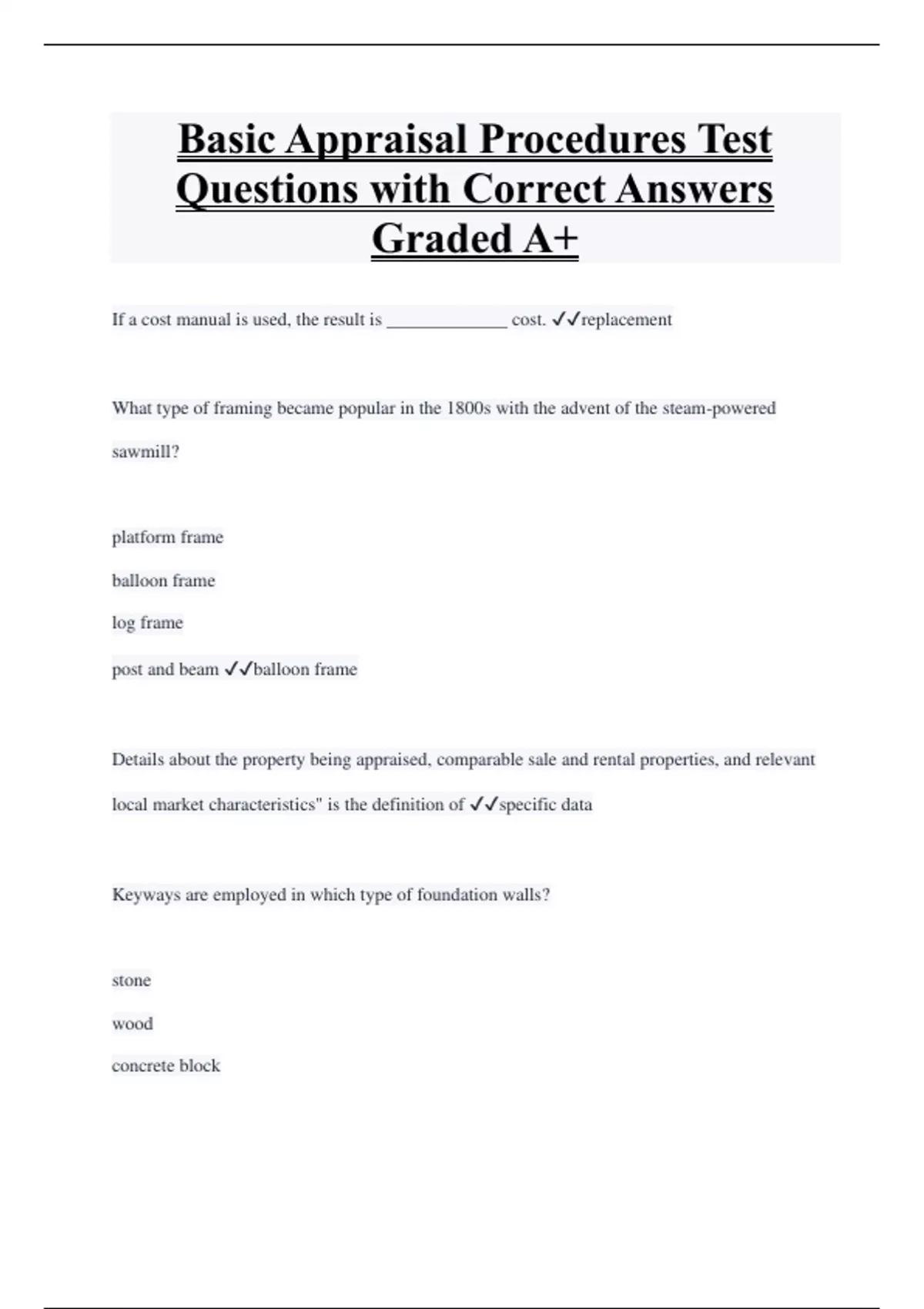 Basic Appraisal Procedures Test Questions with Correct Answers Graded ...
