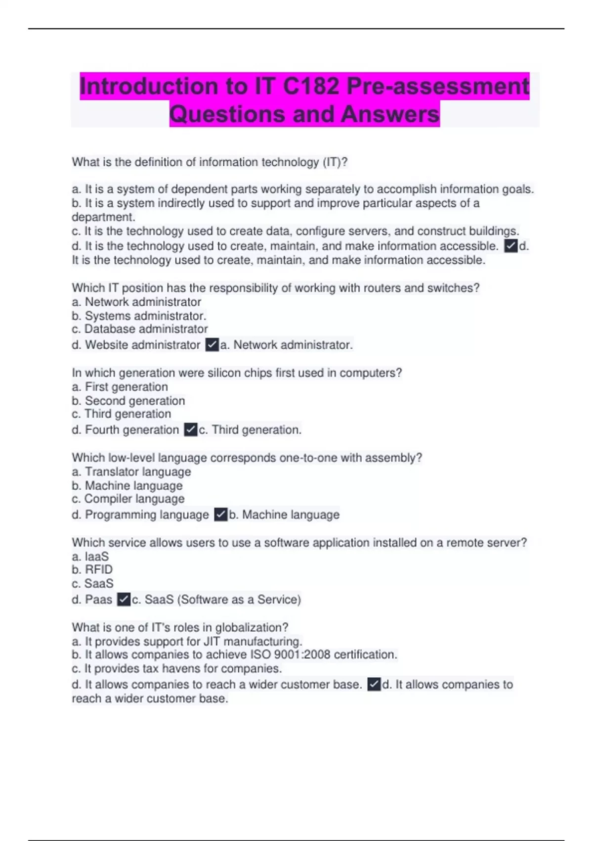 Introduction to IT C182 Pre-assessment Questions and Answers - WGU C182 ...