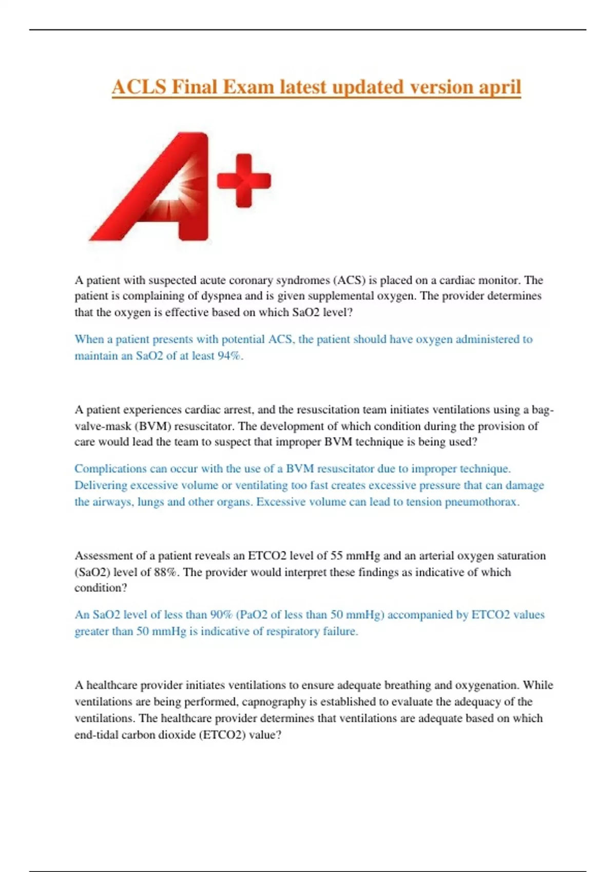 ACLS Final Exam latest updated version april - AHA ACLS 2023 - Stuvia US