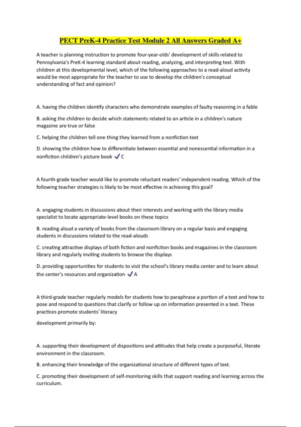 PECT PreK-4 Practice Test Module 2 All Answers Graded A+ - PECT PreK-4 ...