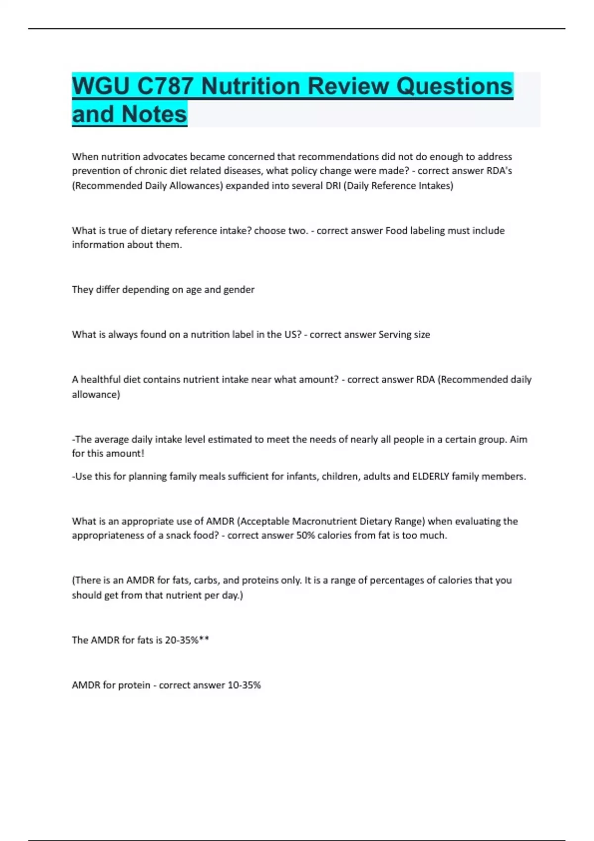 WGU C787 Nutrition Review Questions and Notes - WGU C787 Nutrition ...