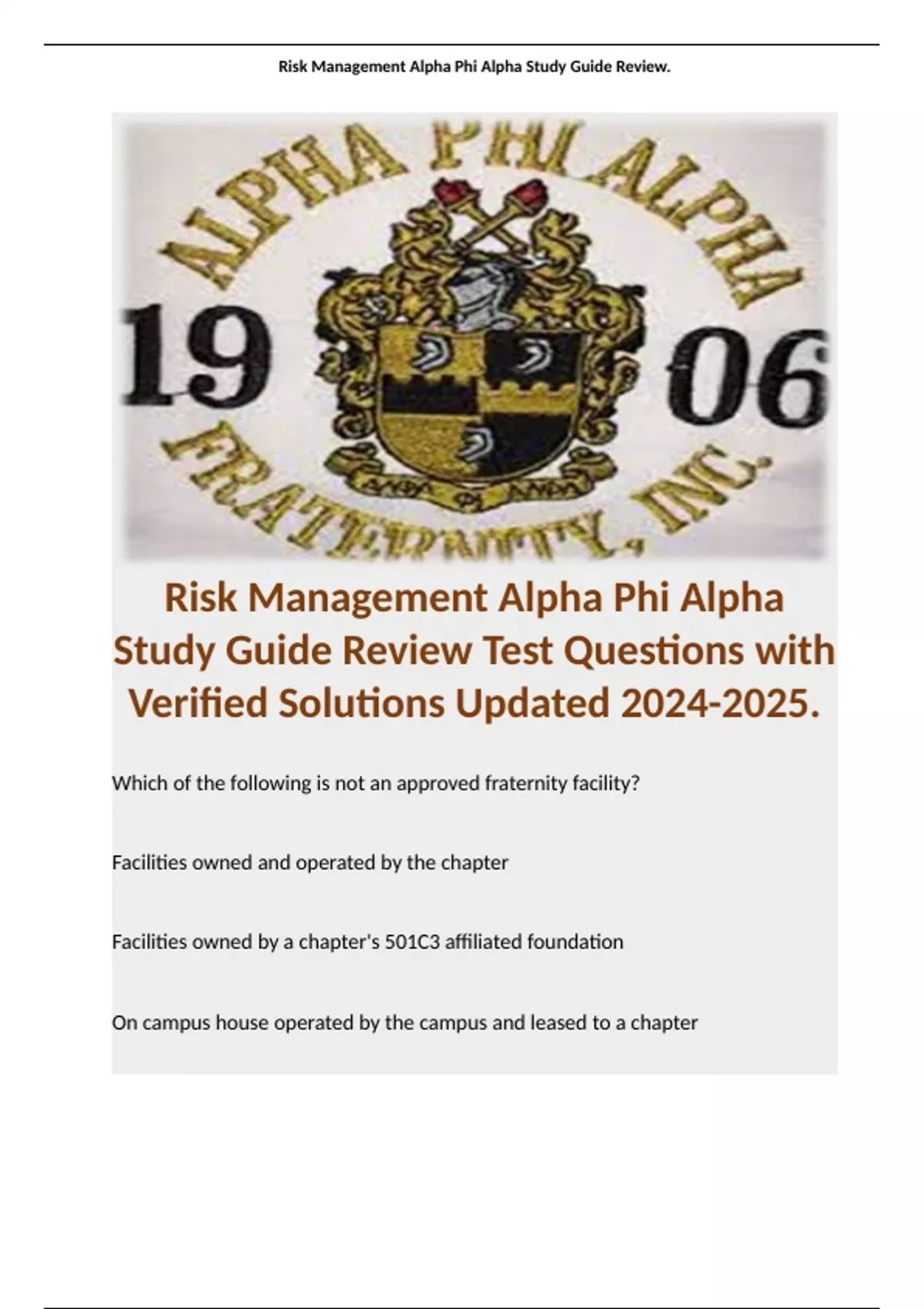 Risk Management Alpha Phi Alpha Study Guide Review Test Questions with ...