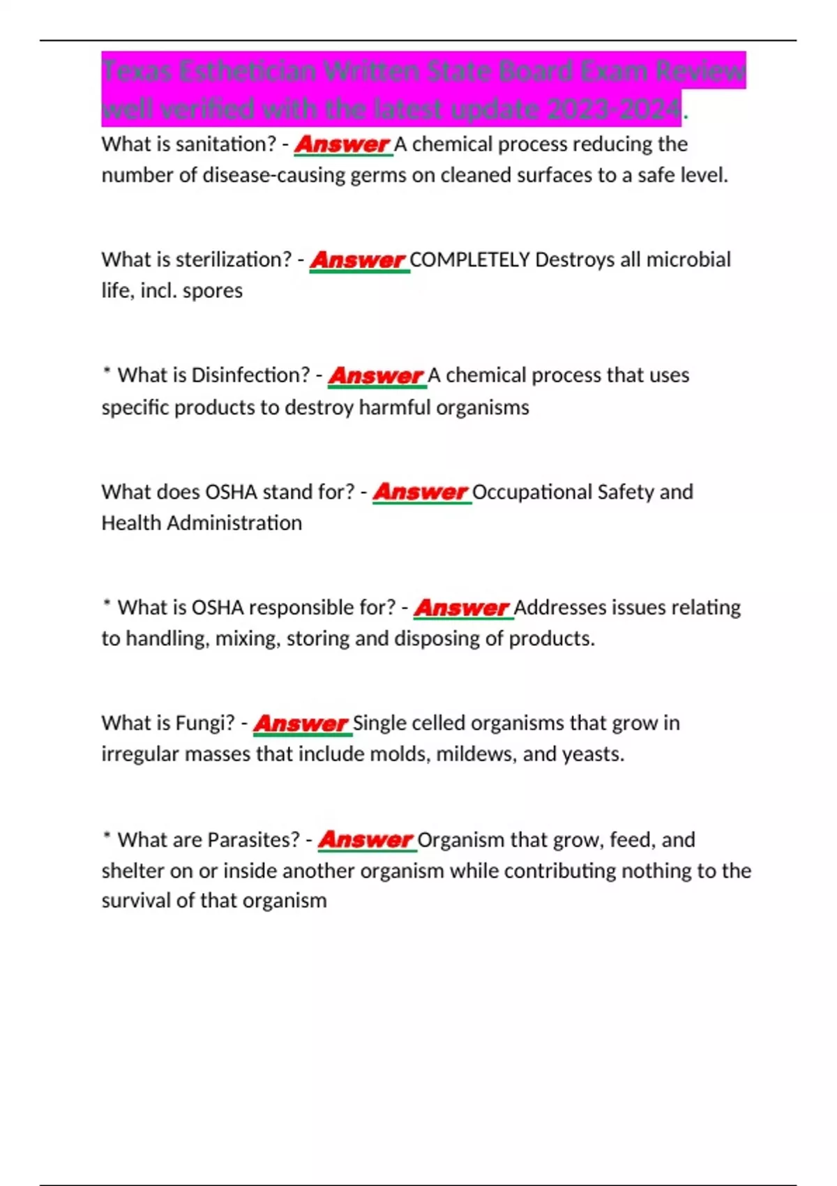 Texas Esthetician Written State Board Exam Review well verified with ...