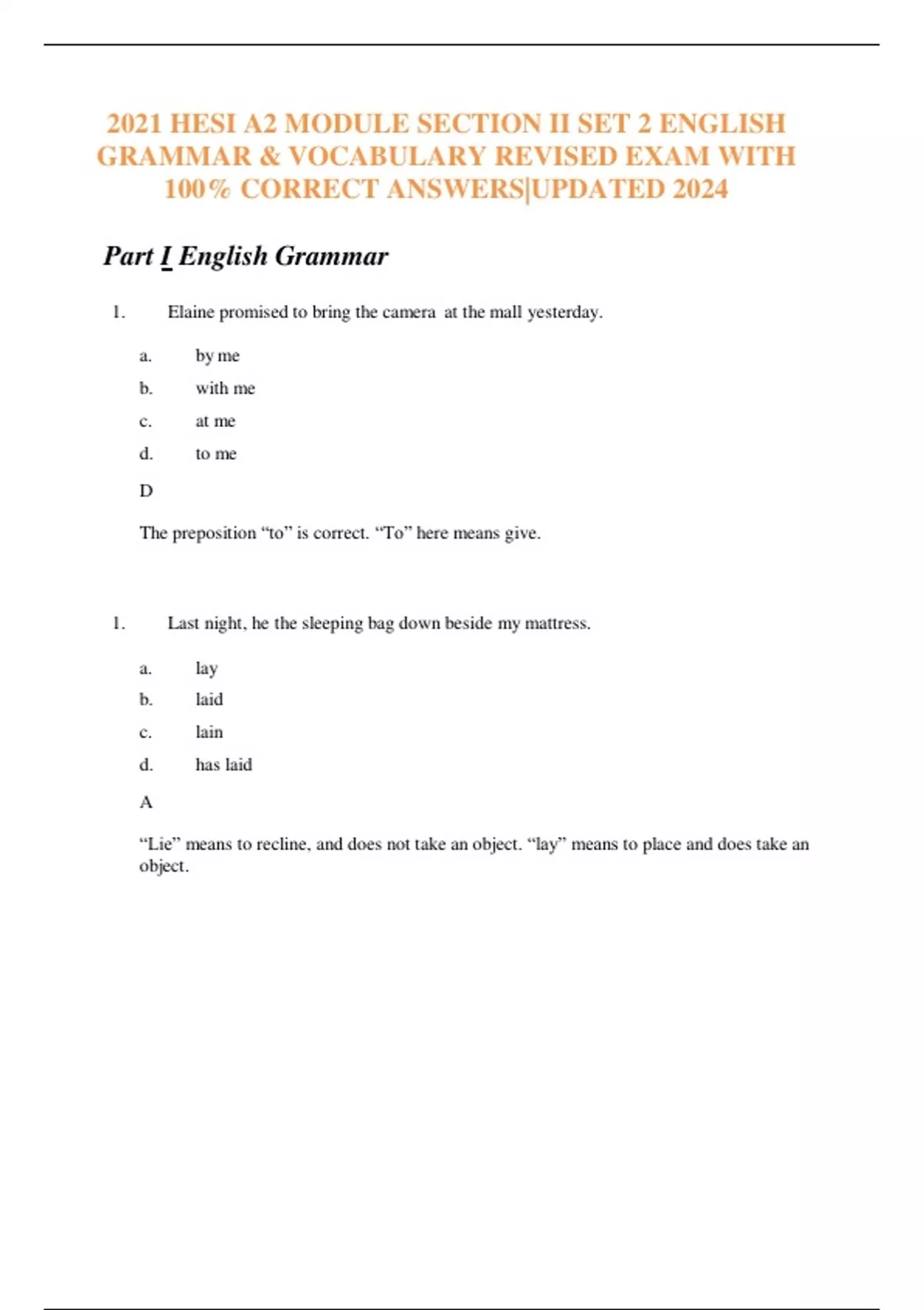 2021 HESI A2 MODULE SECTION II SET 2 ENGLISH GRAMMAR & VOCABULARY ...