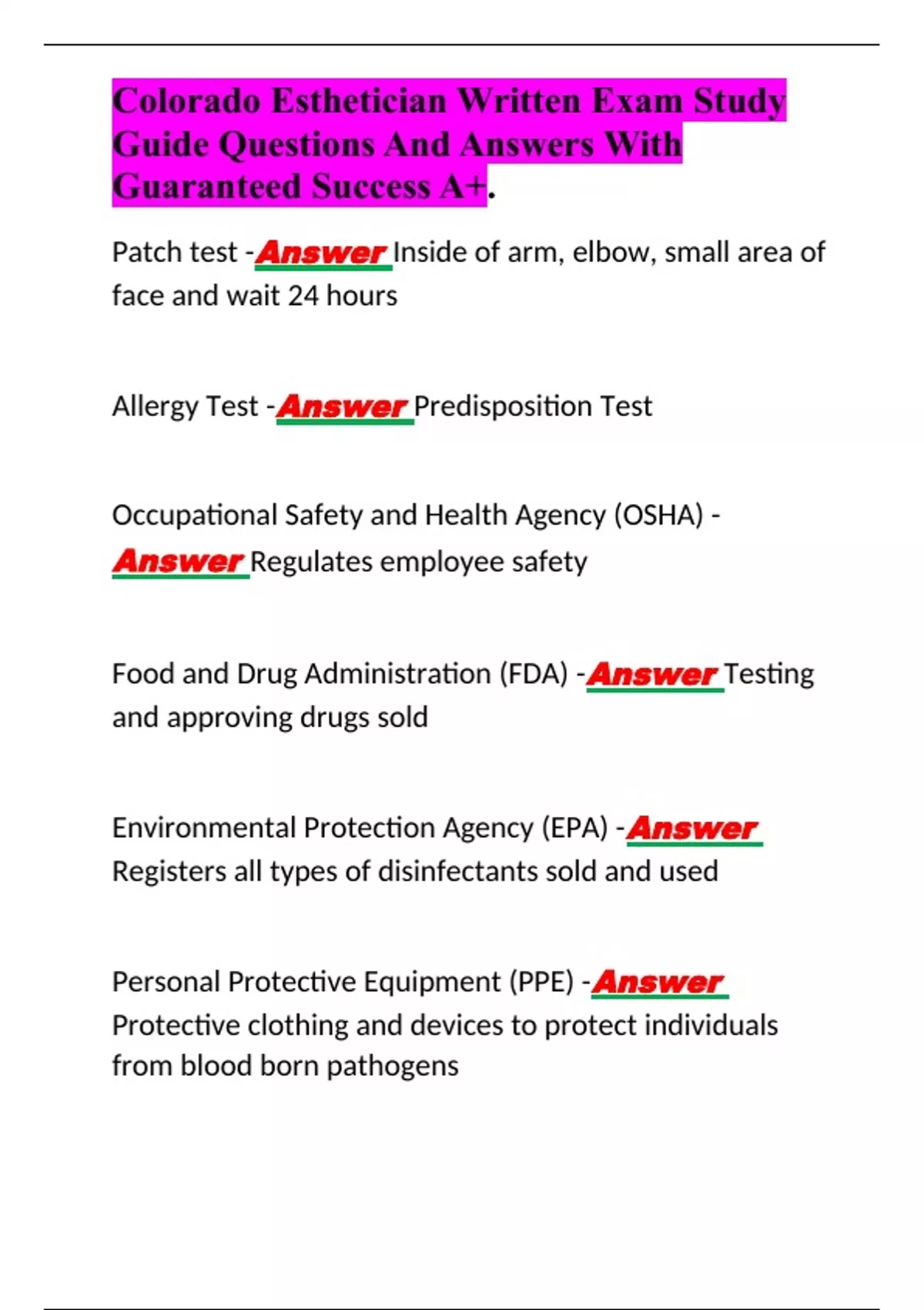 Colorado Esthetician Written Exam Study Guide Questions And Answers ...