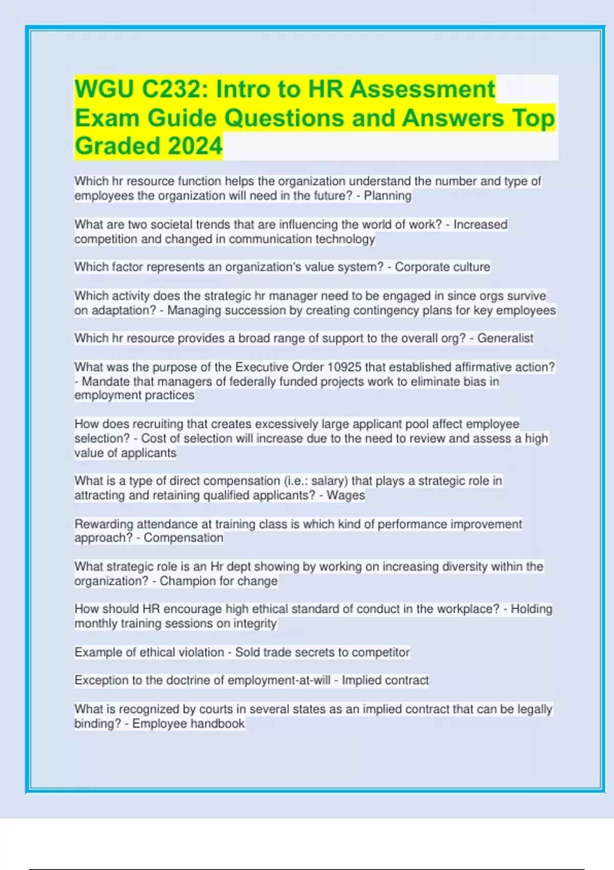 WGU C232: Intro to HR Assessment Exam Guide Questions and Answers Top ...