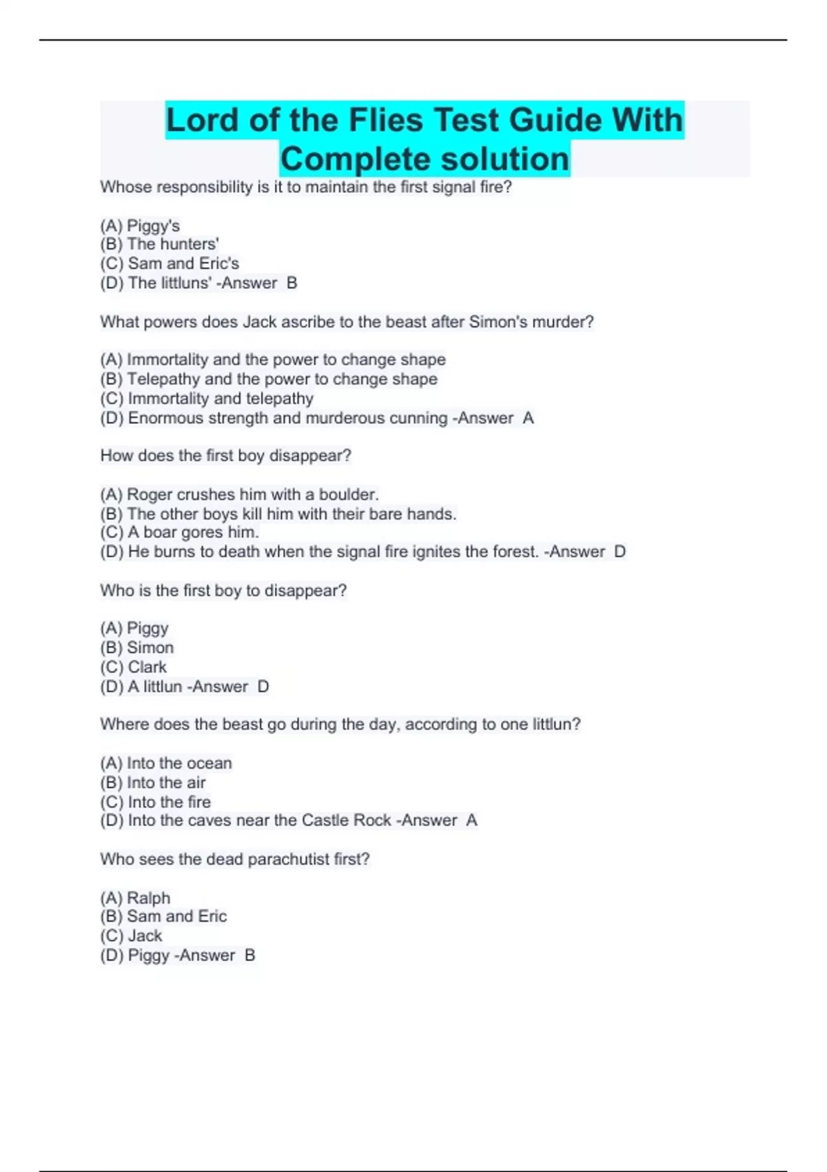 Lord of the Flies Test Guide With Complete solution - Lord of the Flies ...