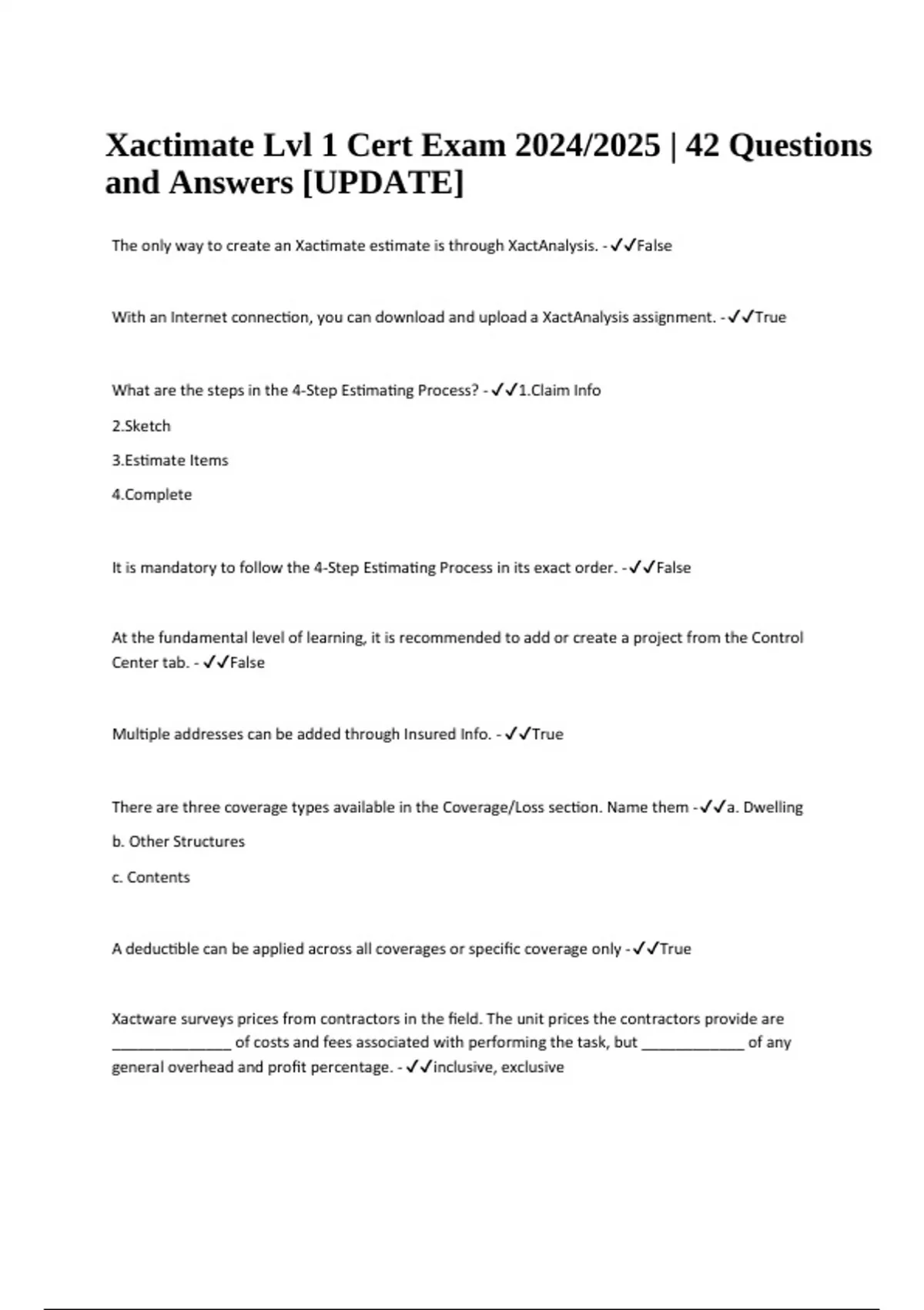 Xactimate Lvl 1 Cert Exam 2024/2025 | 42 Questions and Answers [UPDATED ...