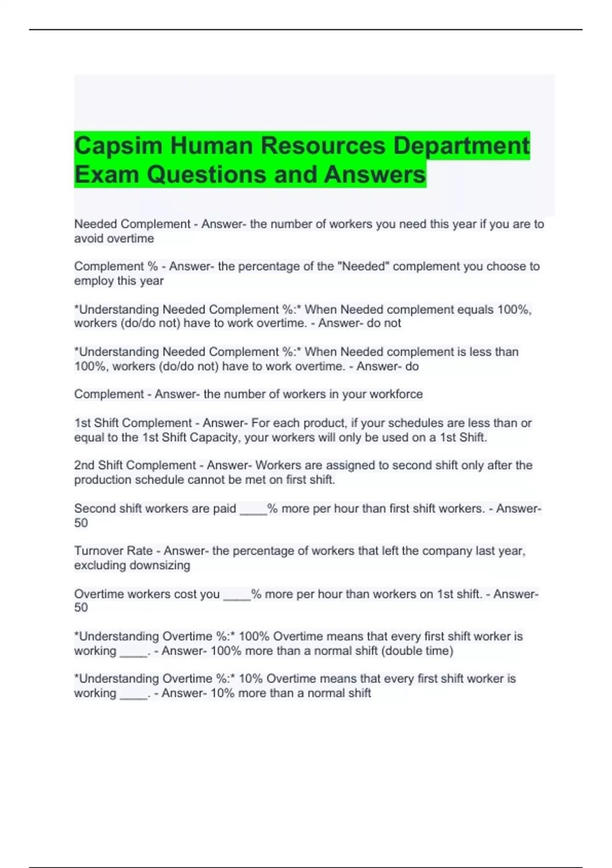 Capsim Human Resources Department Exam Questions and Answers - Comp XM ...