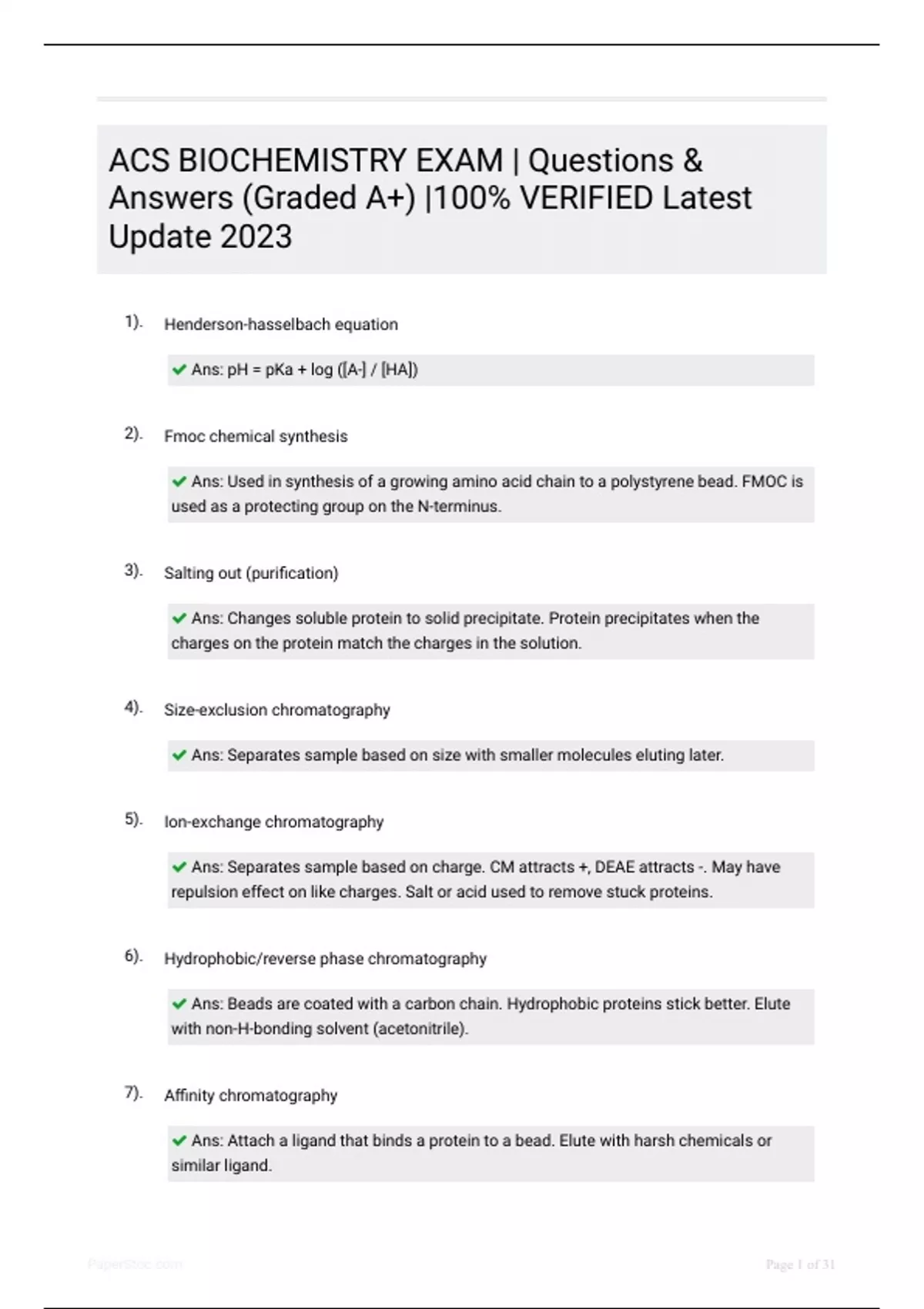 ACS BIOCHEMISTRY EXAM Questions Answers Graded A 100 VERIFIED Latest ...