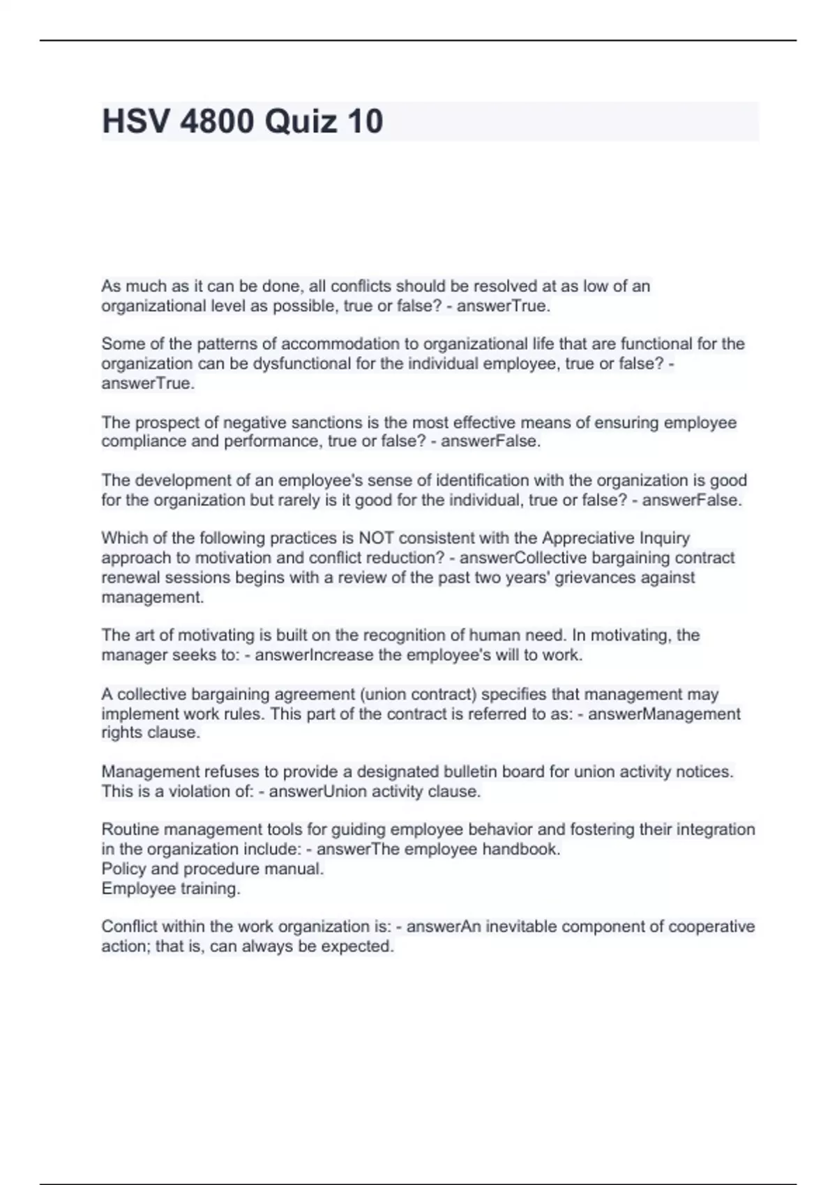 HSV 4800 Quiz 10 Questions with correct Answers 2024 - HSV 4800 - Stuvia US