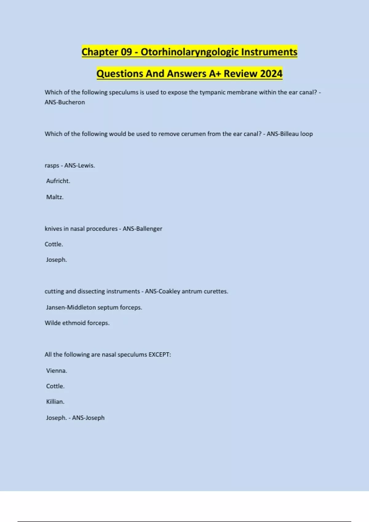 Chapter 09 - Otorhinolaryngologic Instruments Questions And Answers A+ ...