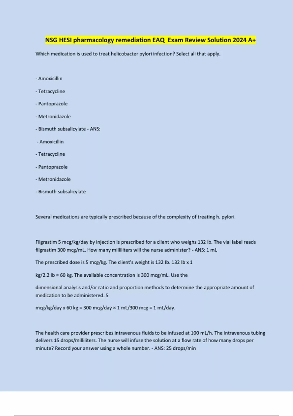NSG HESI pharmacology remediation EAQ Exam Review Solution 2024 A+ ...
