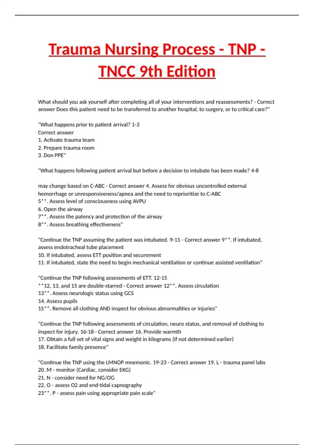 Trauma Nursing Process - TNP - TNCC 9th Edition questions and answers ...