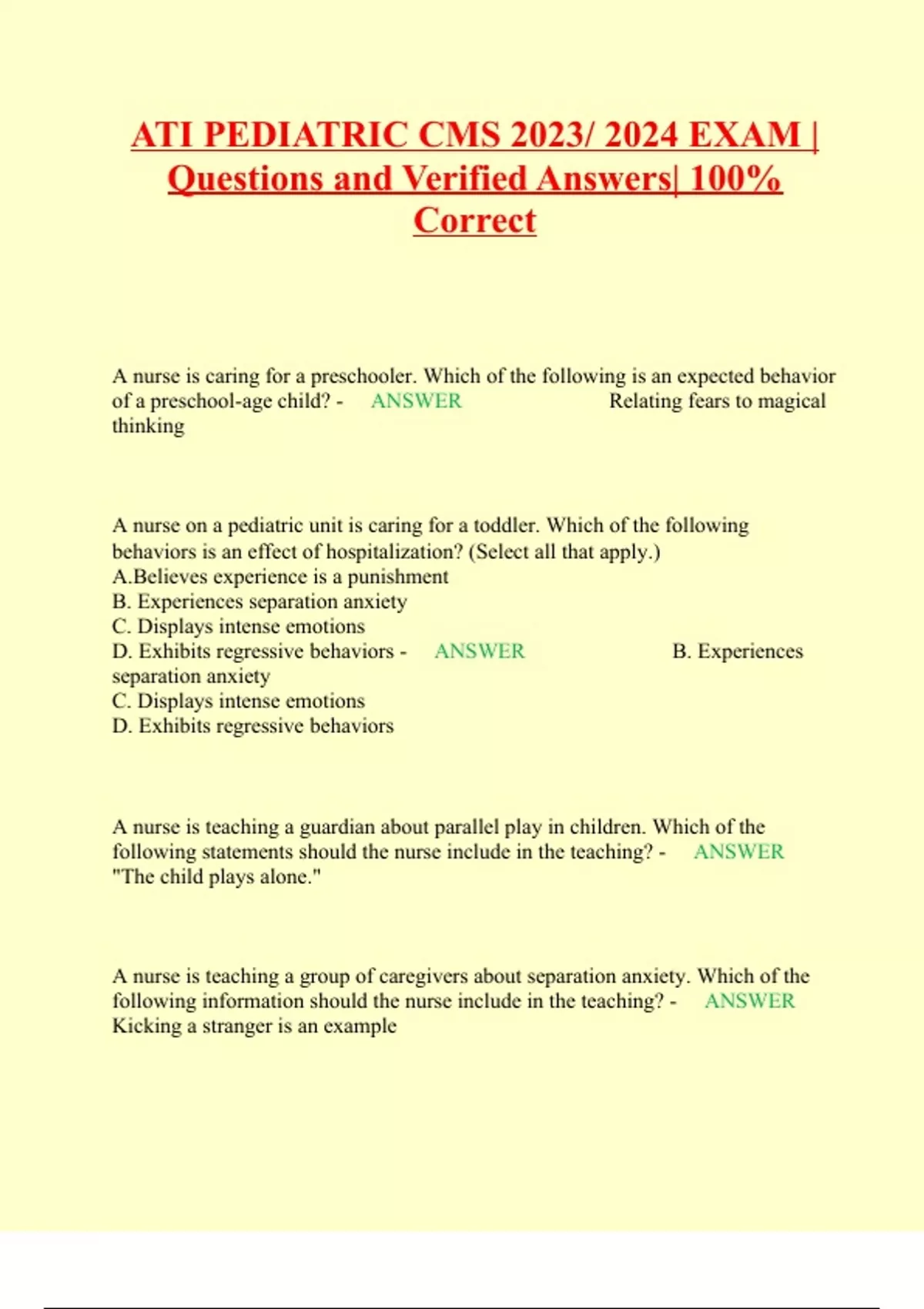 ATI PEDIATRIC CMS 2023/ 2024 EXAM | Questions and Verified Answers| 100 ...