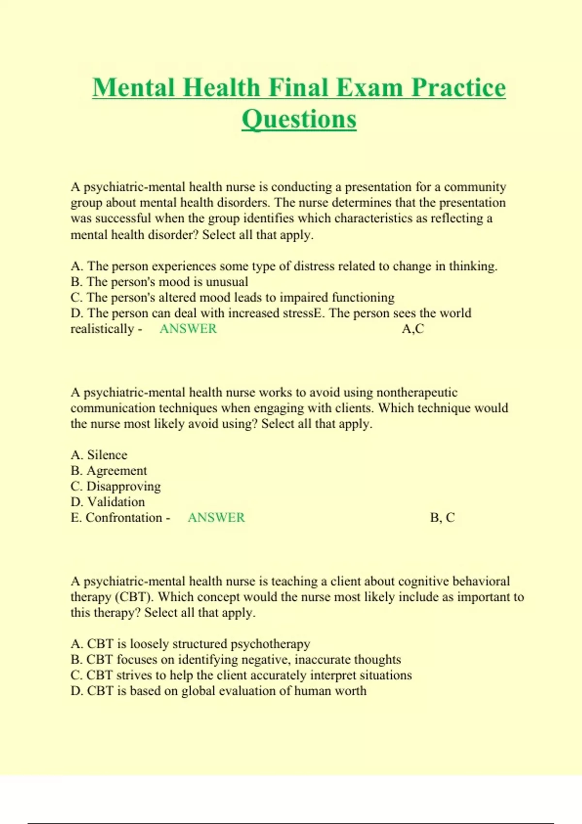 Mental Health Final Exam Practice Questions - Mental Health - Stuvia US