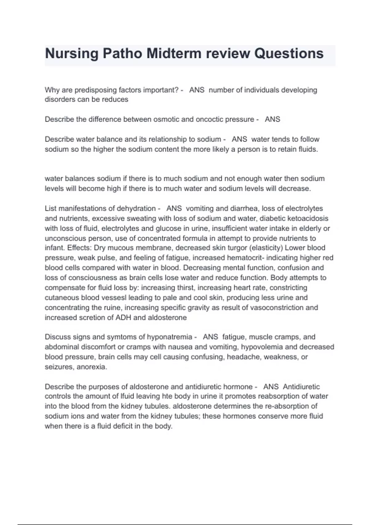 Nursing Patho Midterm review Questions 2024 - Nursing Patho - Stuvia US